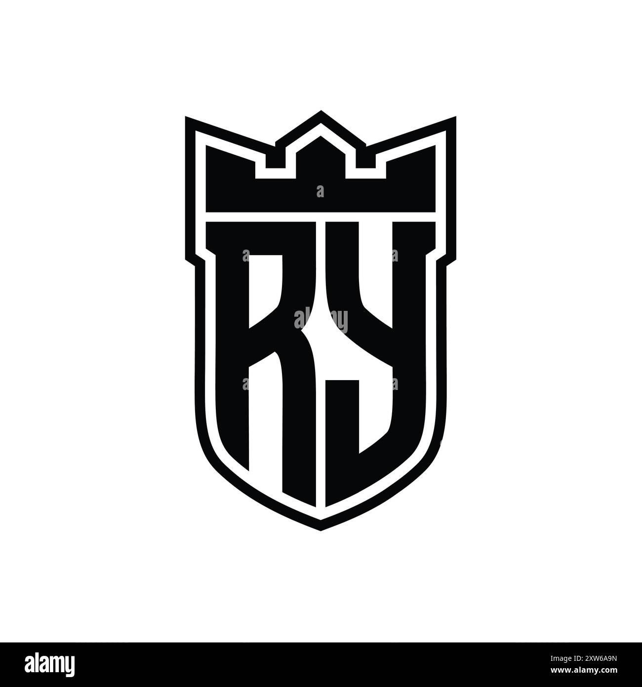 RY Letter logo with shield shape with geometric crown inside black ...