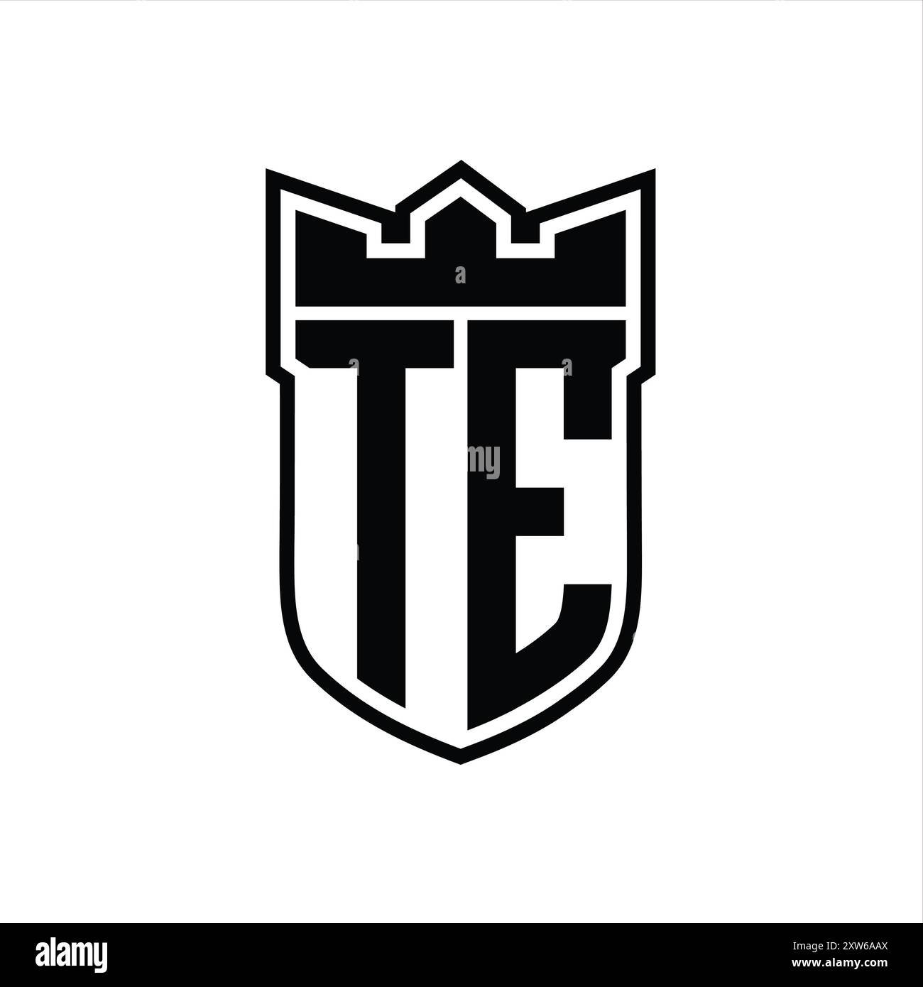 TE Letter logo with shield shape with geometric crown inside black ...