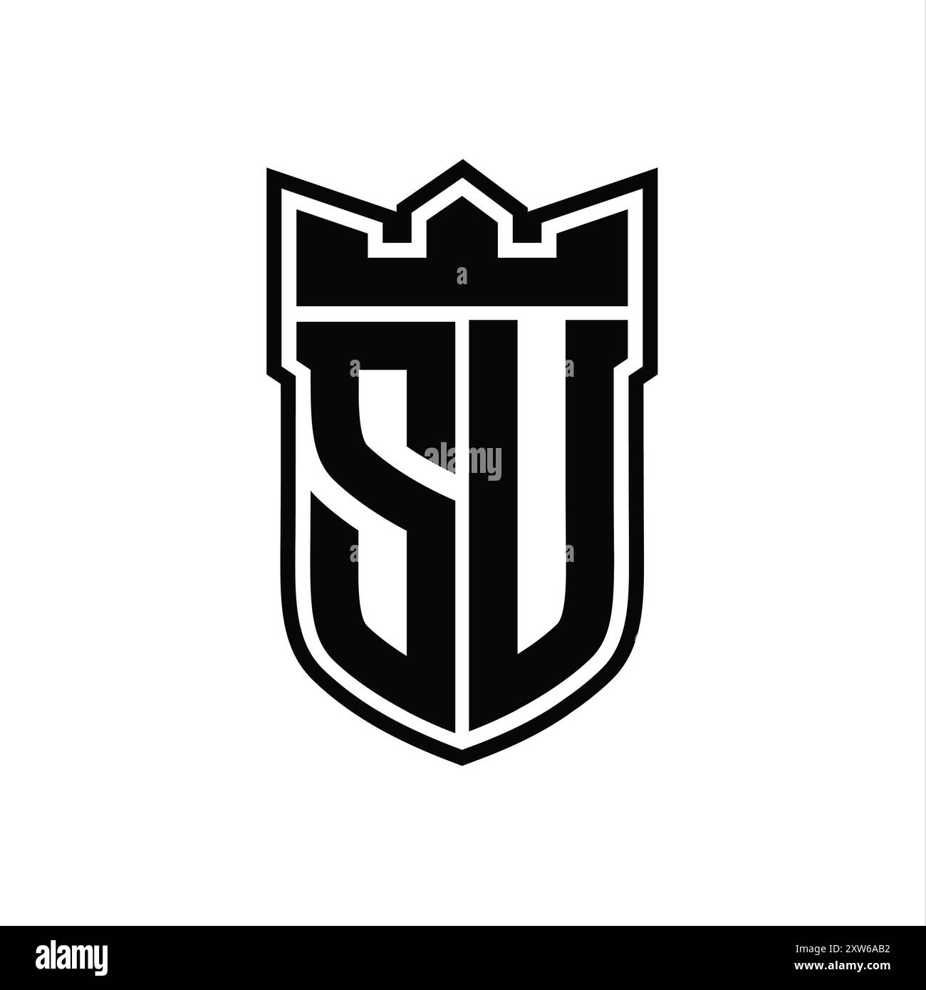SU Letter logo with shield shape with geometric crown inside black ...