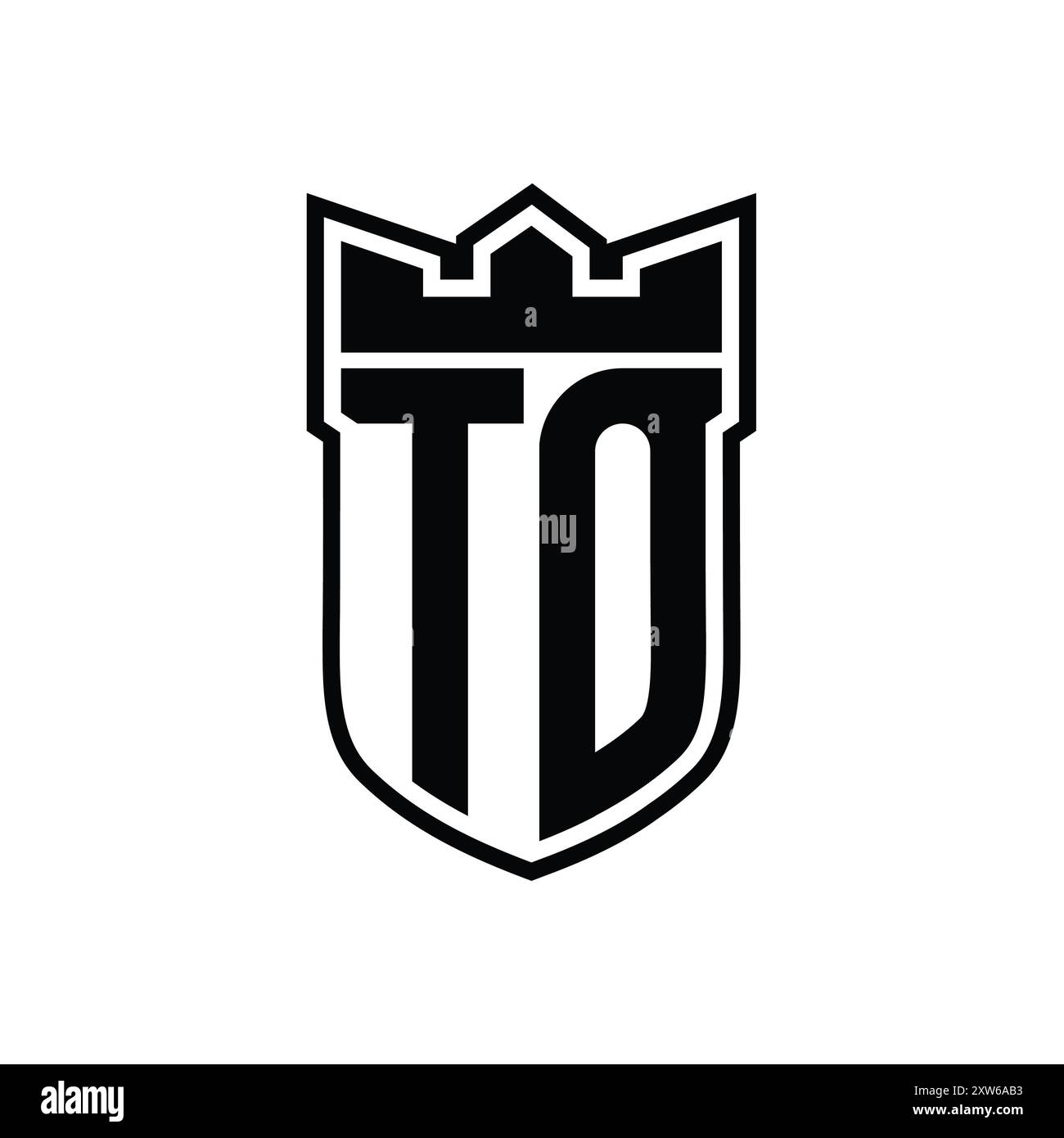 TO Letter logo with shield shape with geometric crown inside black outline on white background ...
