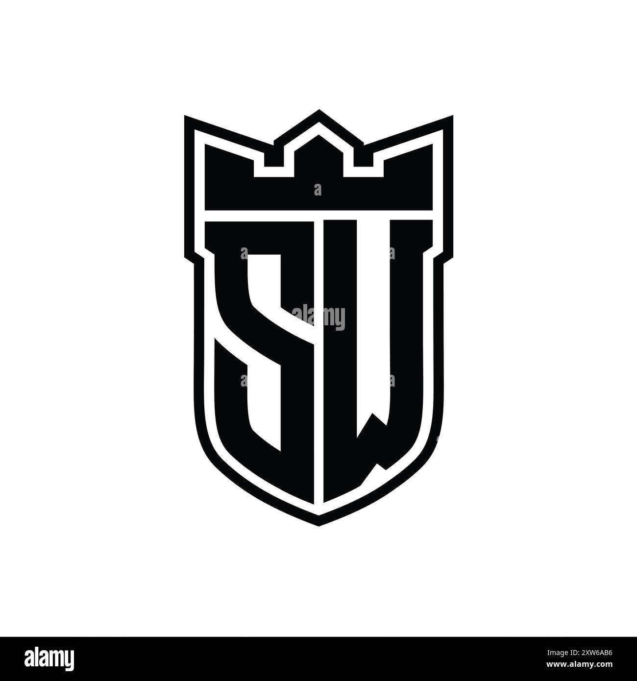 SW Letter logo with shield shape with geometric crown inside black ...
