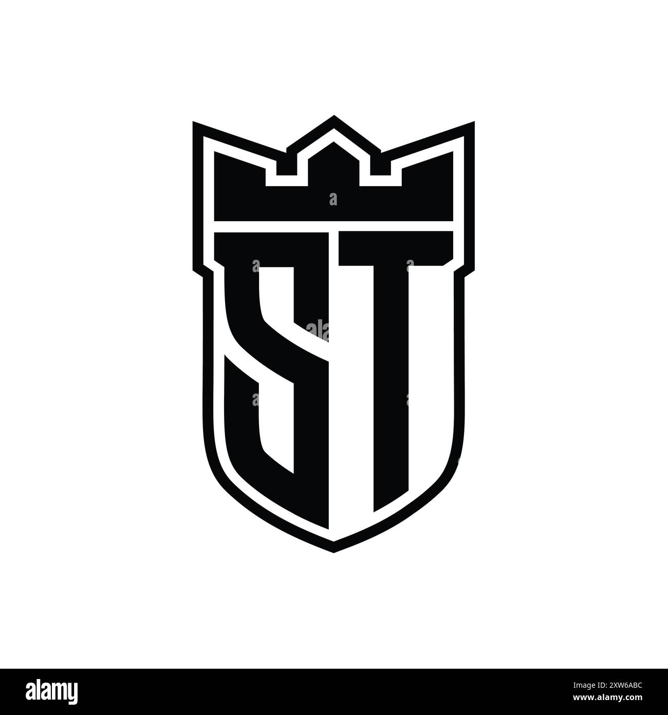 ST Letter logo with shield shape with geometric crown inside black ...