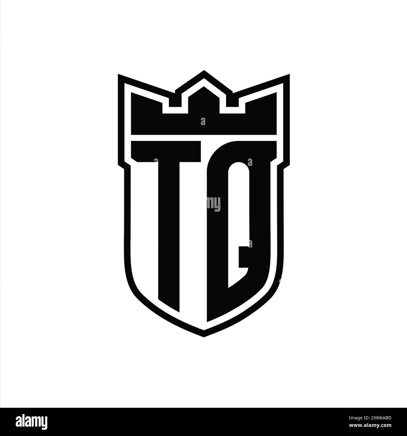 TQ Letter logo with shield shape with geometric crown inside black outline on white background ...