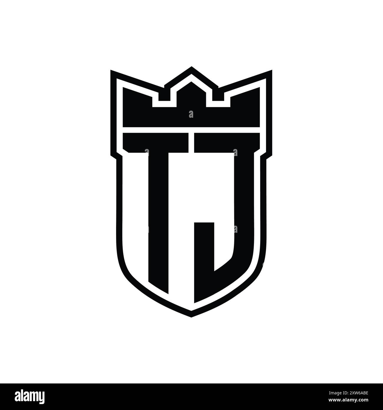 TJ Letter logo with shield shape with geometric crown inside black outline on white background ...