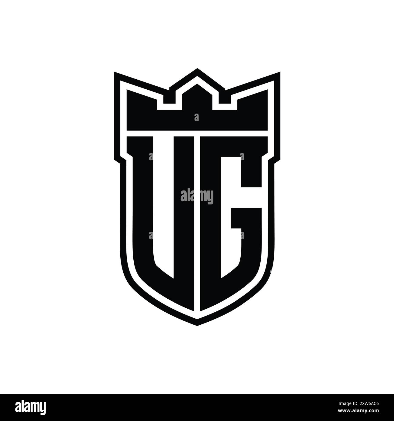 UG Letter logo with shield shape with geometric crown inside black ...