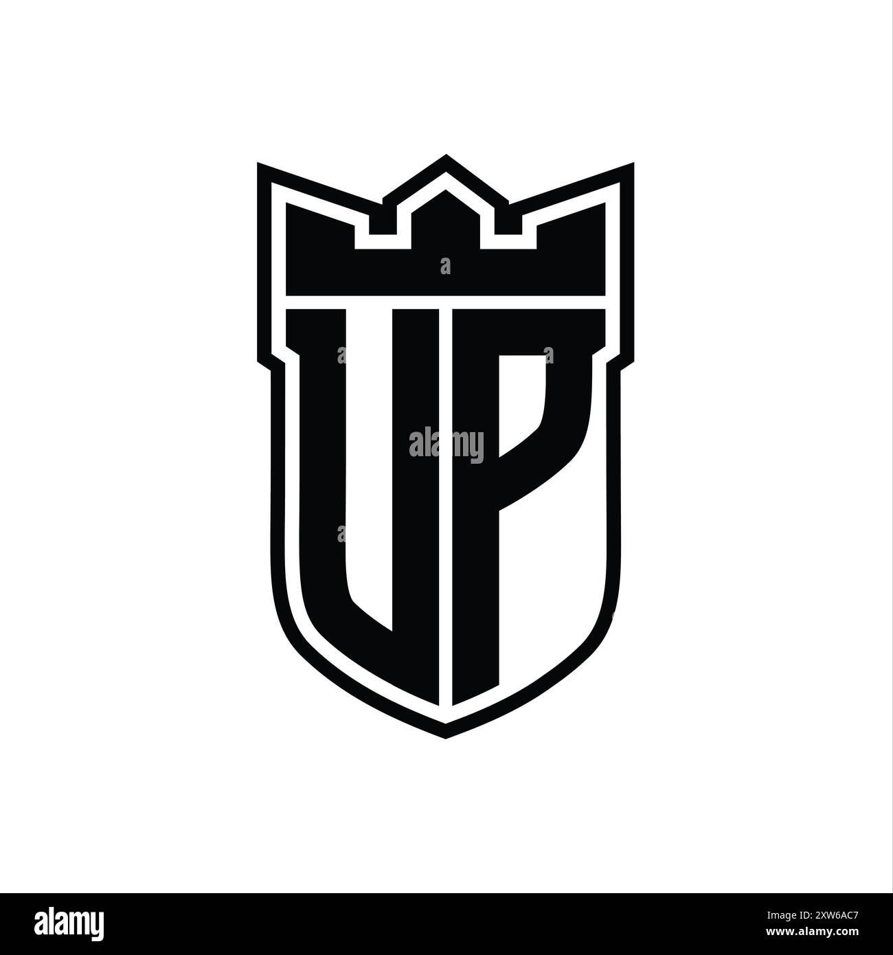 UP Letter logo with shield shape with geometric crown inside black ...