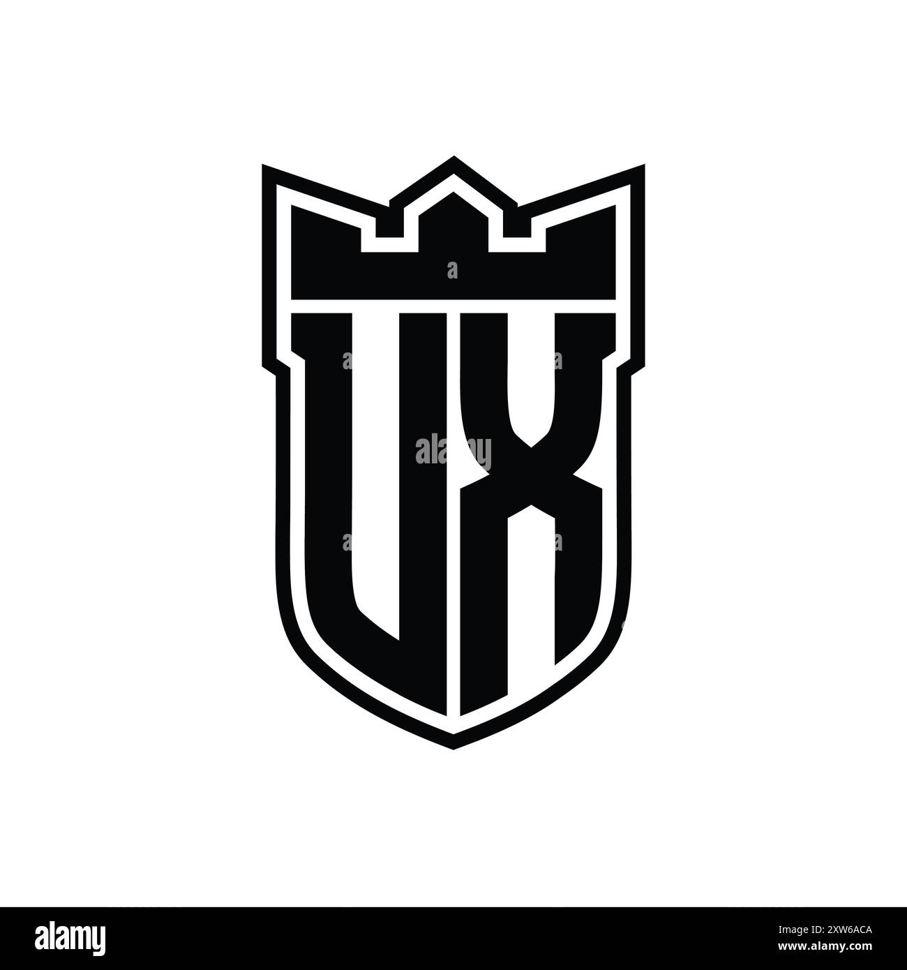 UX Letter logo with shield shape with geometric crown inside black outline on white background ...
