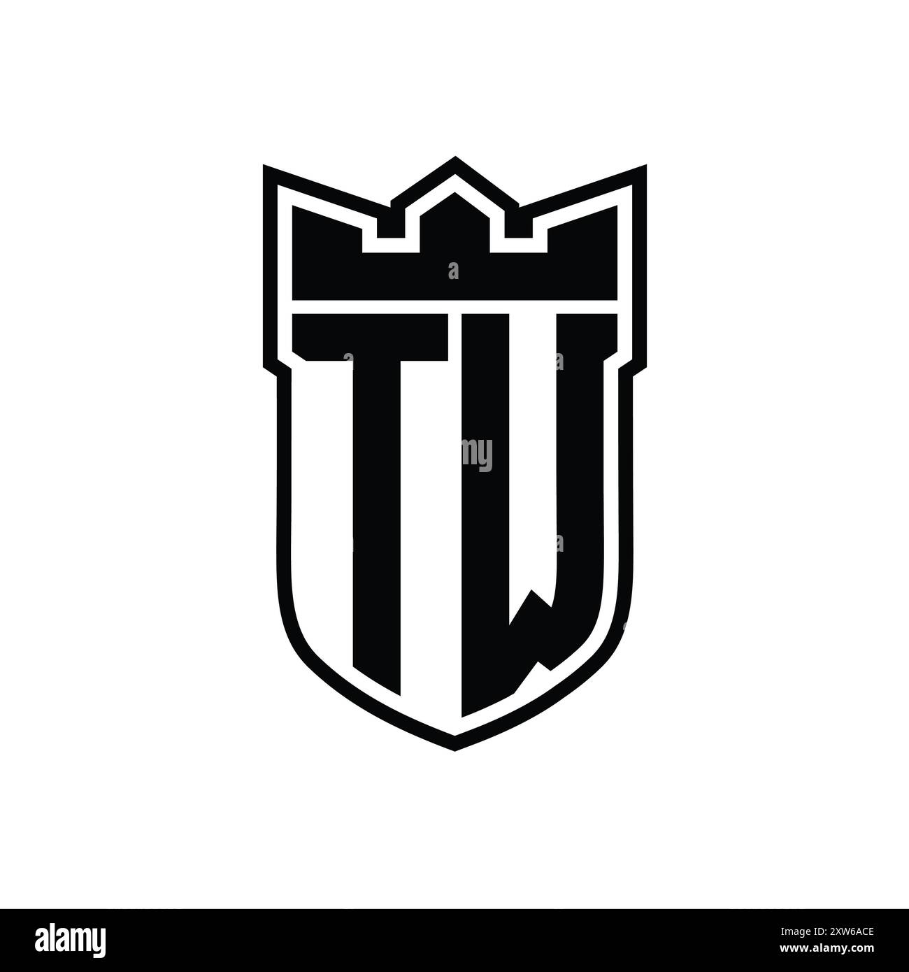 TW Letter logo with shield shape with geometric crown inside black ...