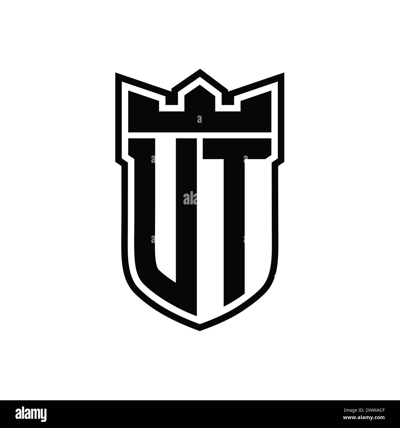 UT Letter logo with shield shape with geometric crown inside black ...