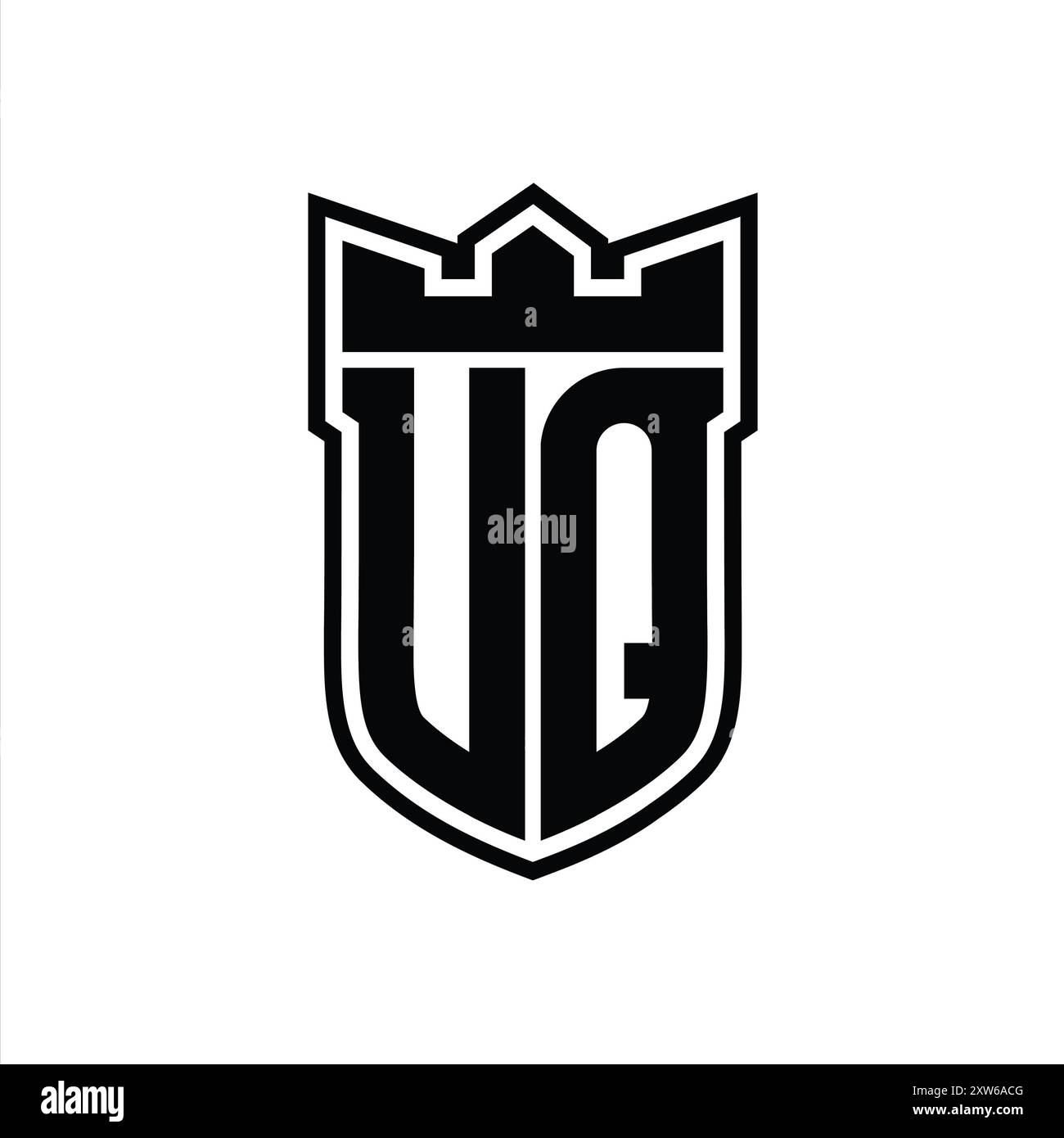 UQ Letter logo with shield shape with geometric crown inside black ...