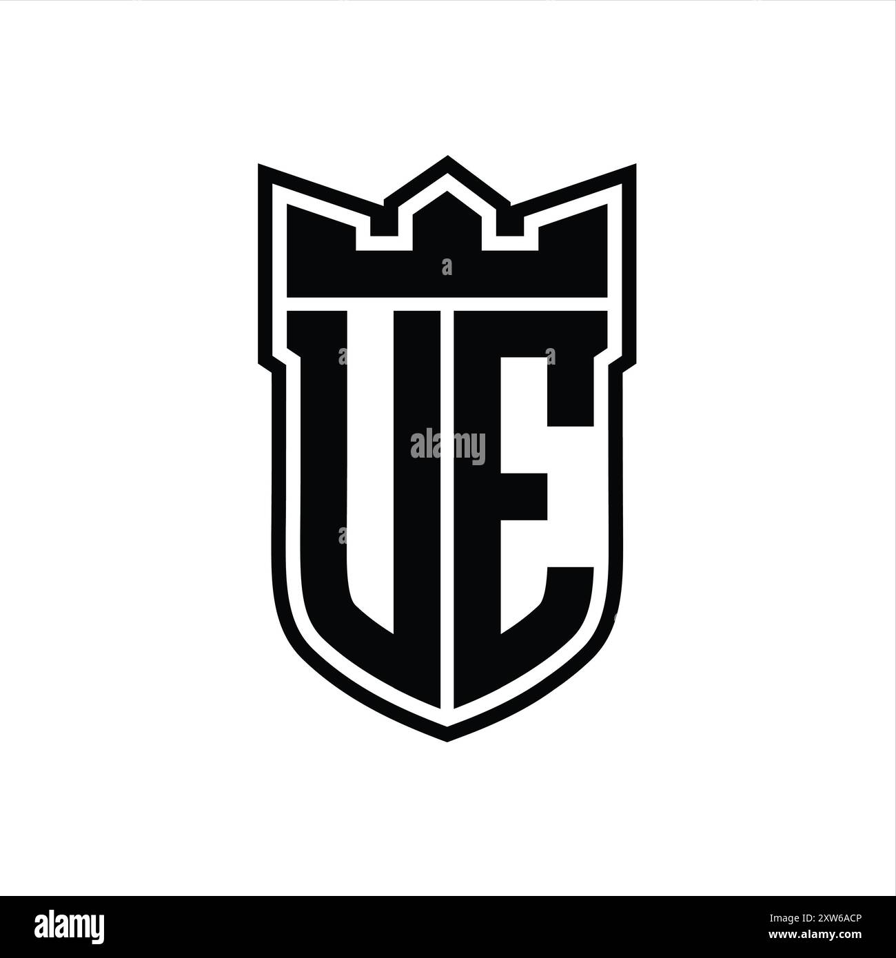 UE Letter logo with shield shape with geometric crown inside black ...