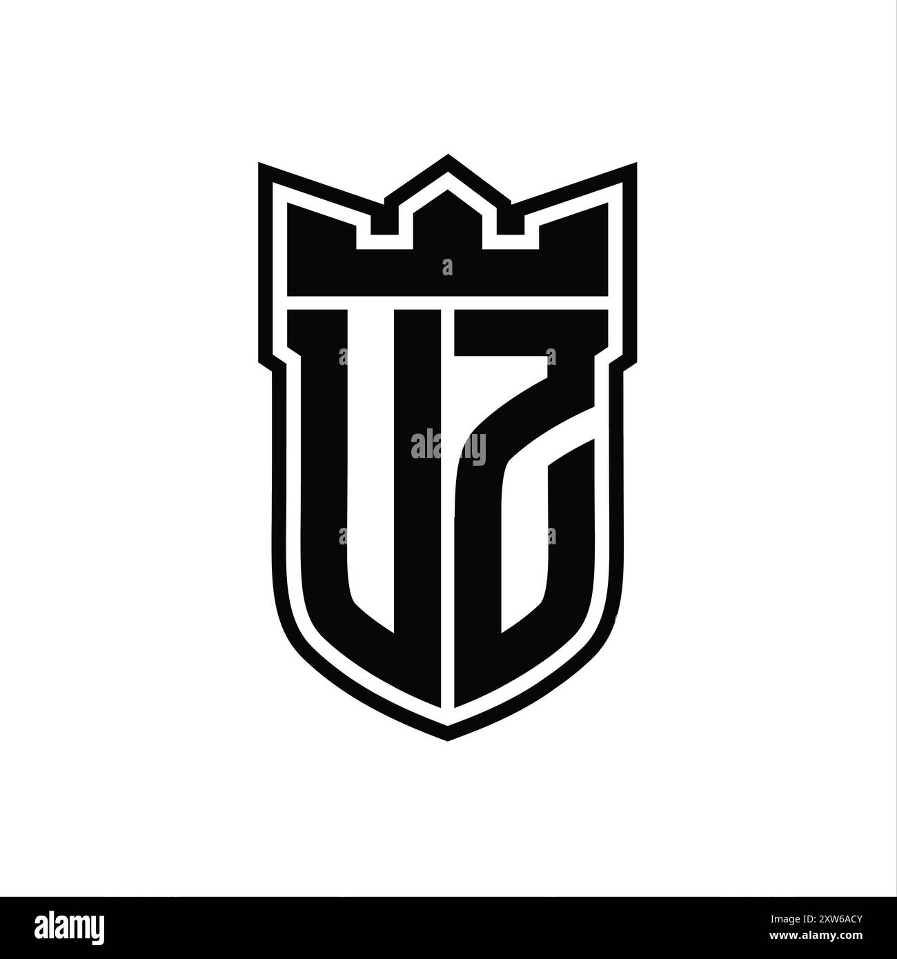 UZ Letter logo with shield shape with geometric crown inside black ...