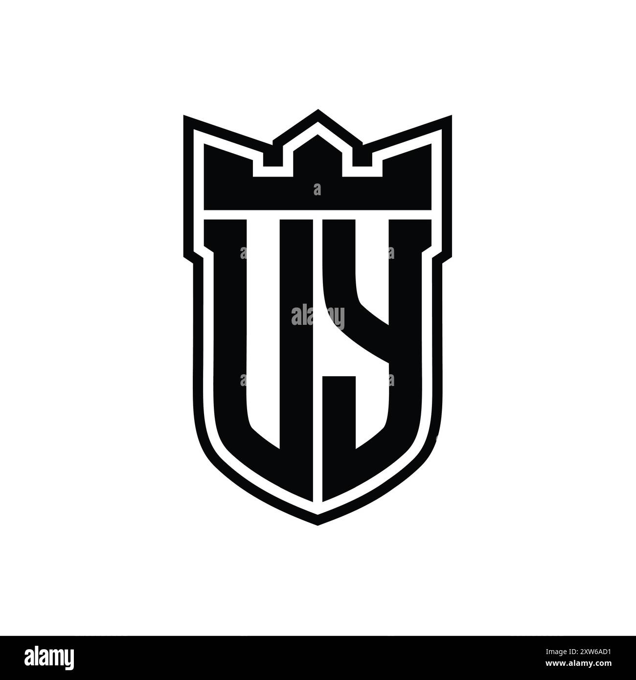 UY Letter logo with shield shape with geometric crown inside black ...