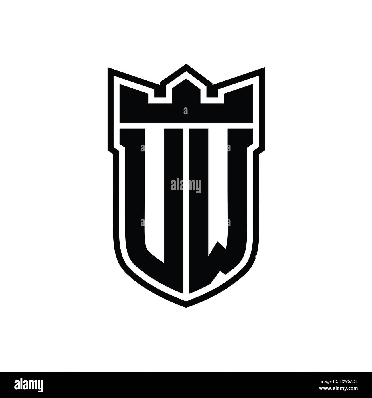 UW Letter logo with shield shape with geometric crown inside black outline on white background ...