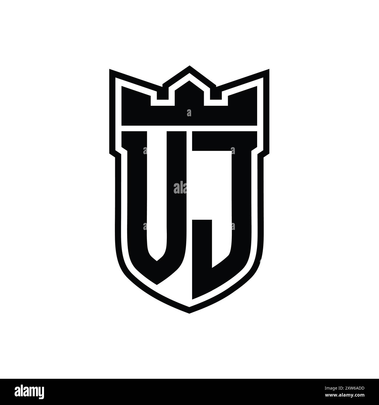 VJ Letter logo with shield shape with geometric crown inside black ...