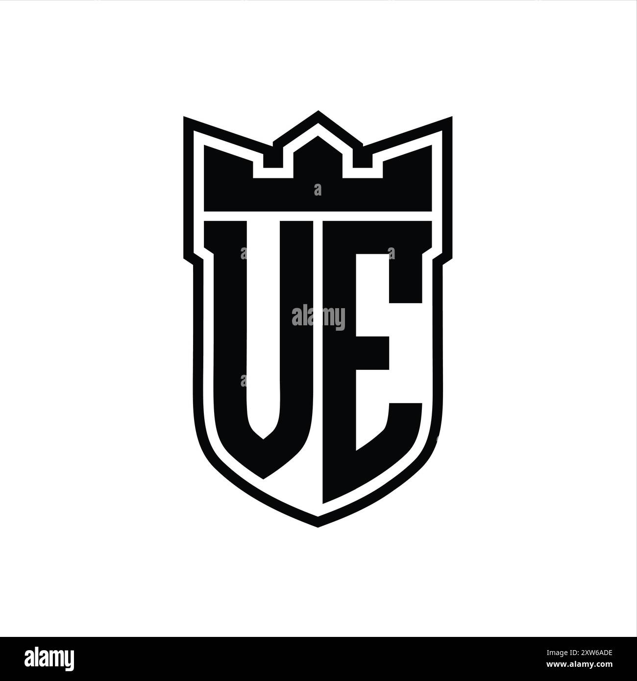VE Letter logo with shield shape with geometric crown inside black ...