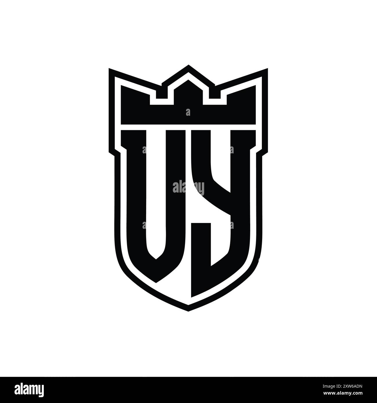 VY Letter logo with shield shape with geometric crown inside black outline on white background ...