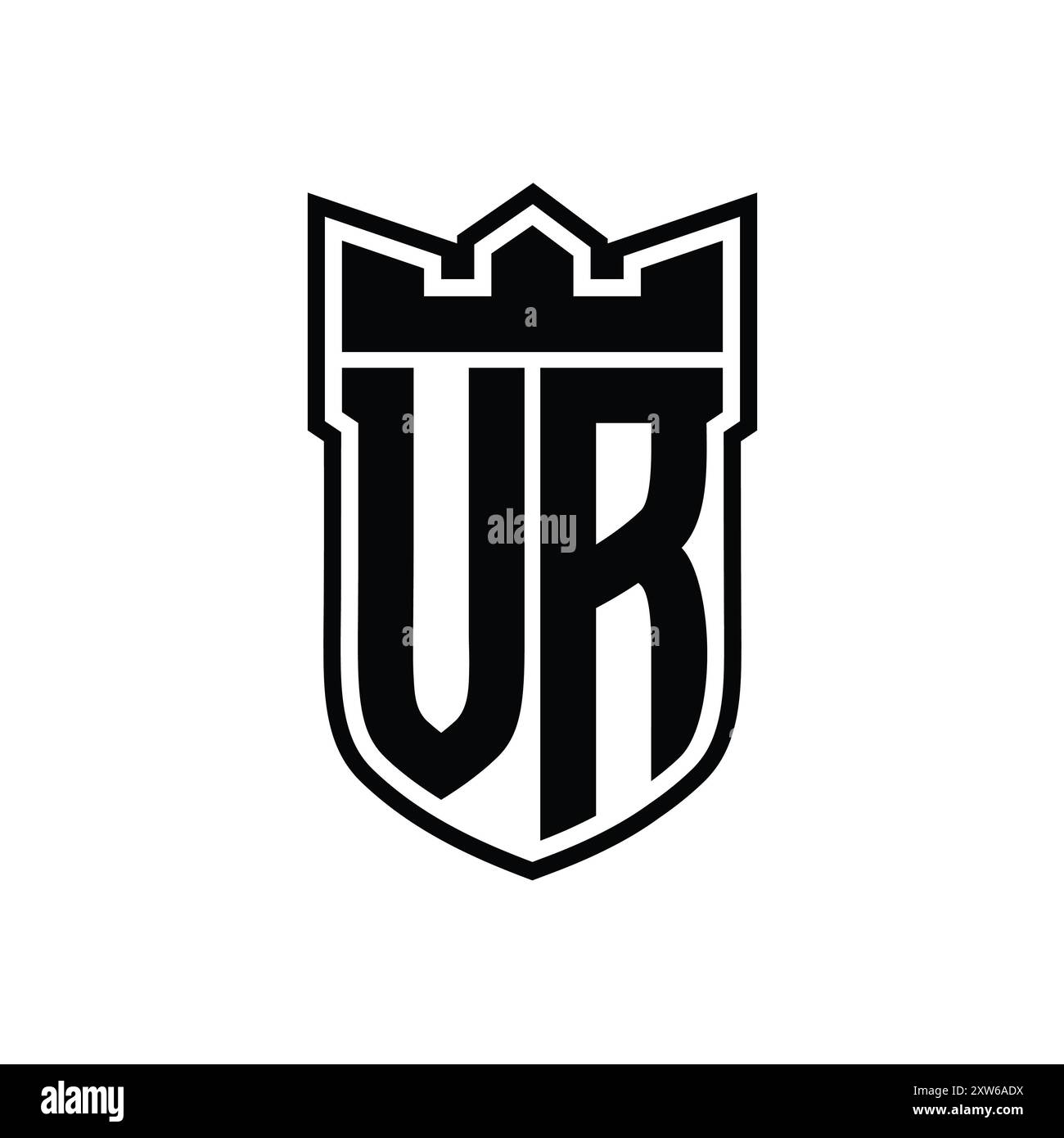 VR Letter logo with shield shape with geometric crown inside black ...