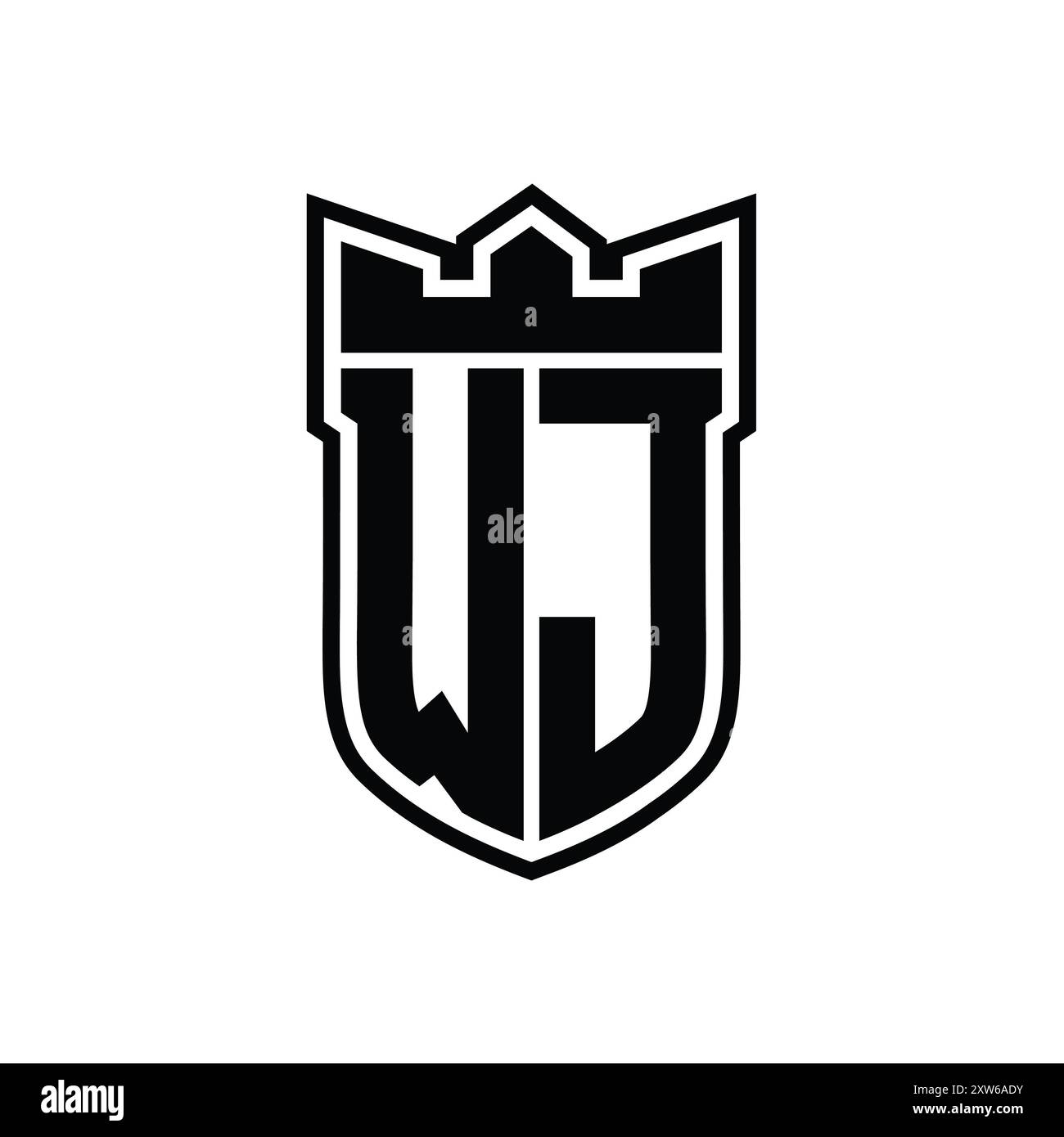 WJ Letter logo with shield shape with geometric crown inside black outline on white background ...