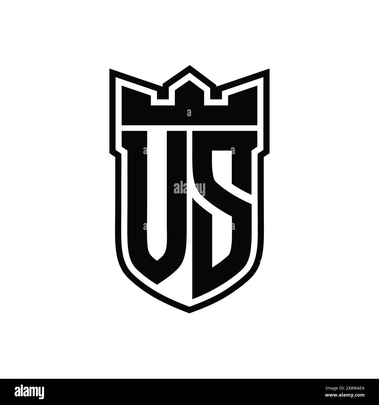 VS Letter logo with shield shape with geometric crown inside black ...