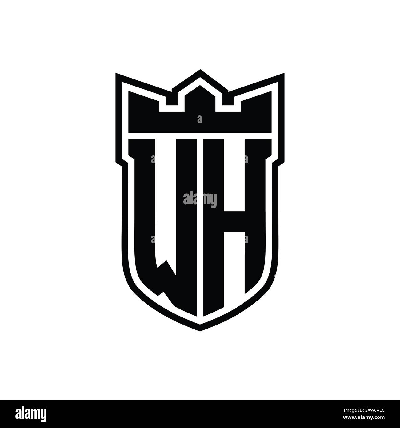 WH Letter logo with shield shape with geometric crown inside black ...