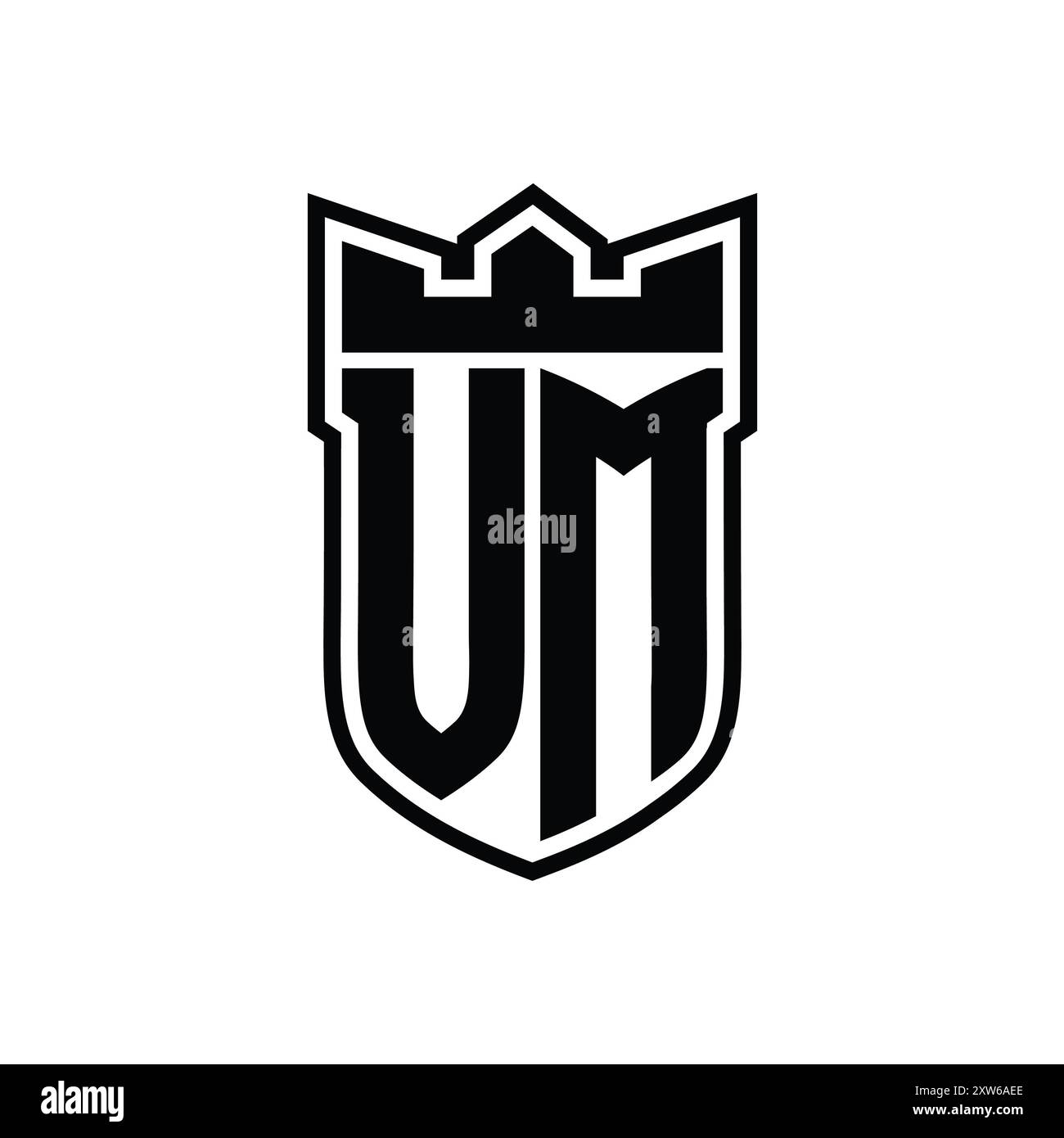 VM Letter logo with shield shape with geometric crown inside black ...
