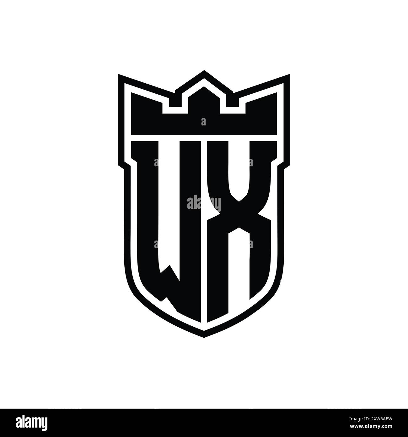 WX Letter logo with shield shape with geometric crown inside black outline on white background ...