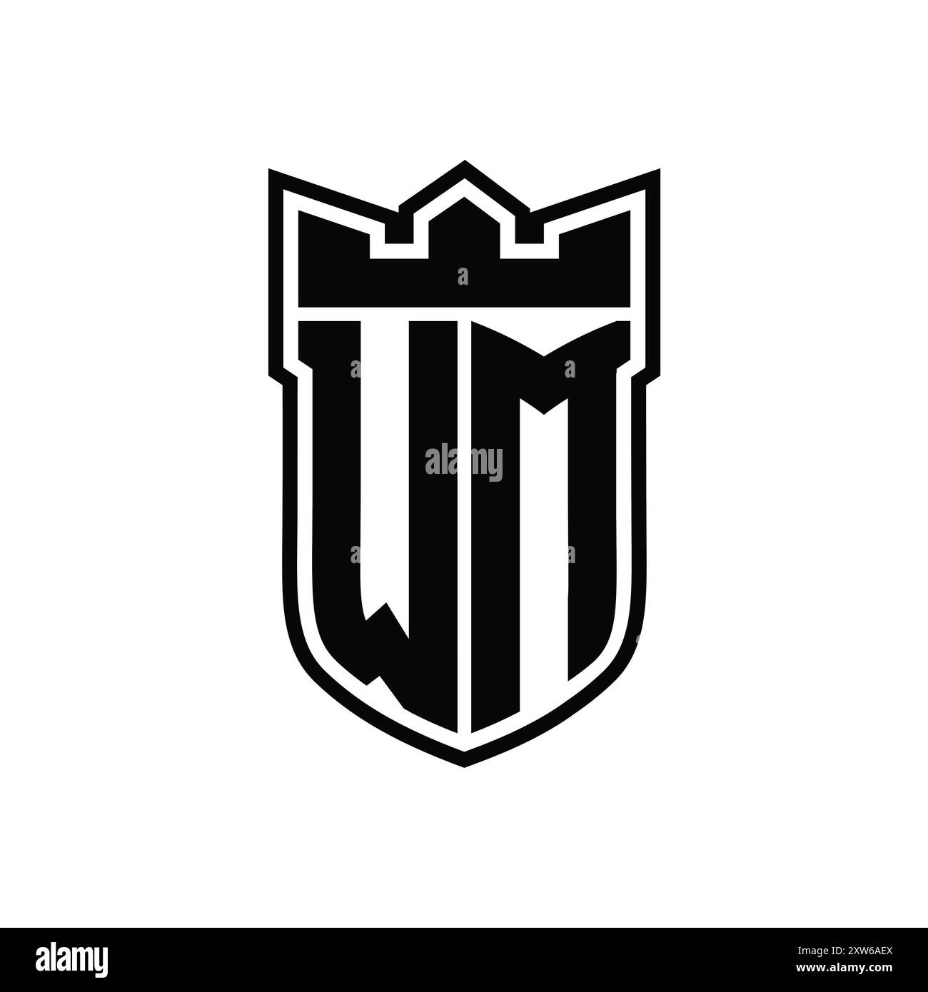 WM Letter logo with shield shape with geometric crown inside black ...