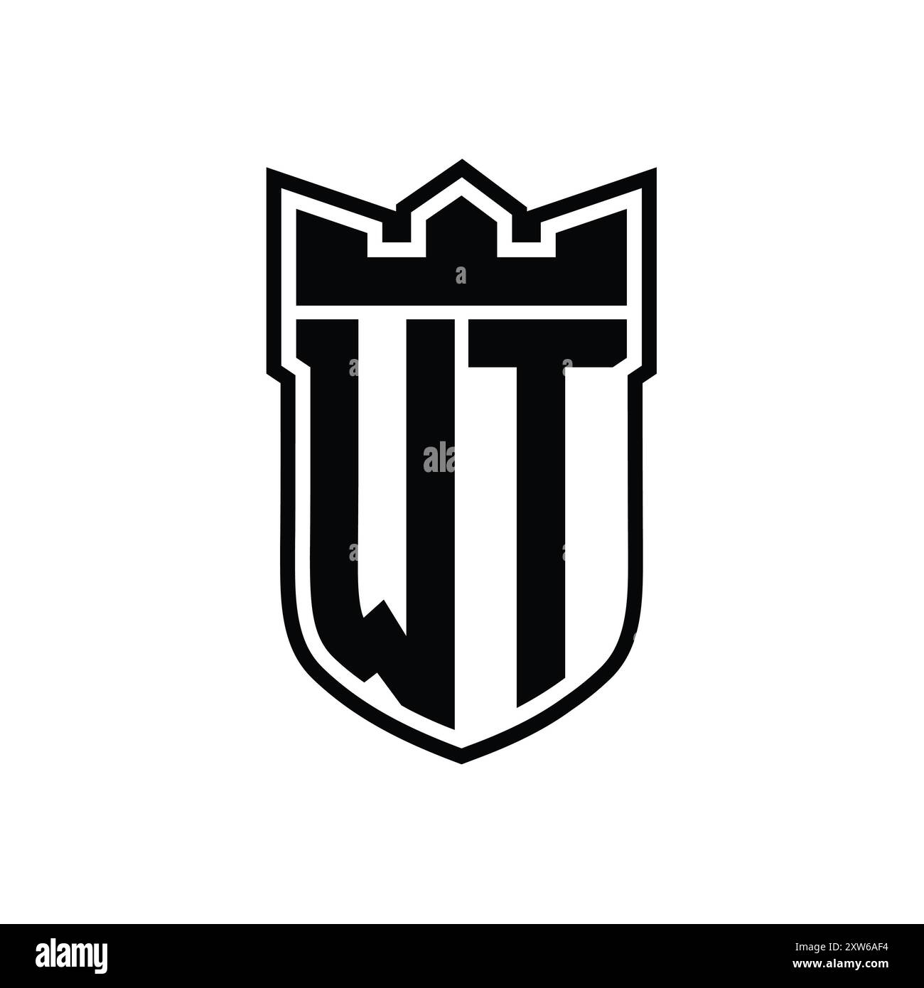 WT Letter logo with shield shape with geometric crown inside black ...