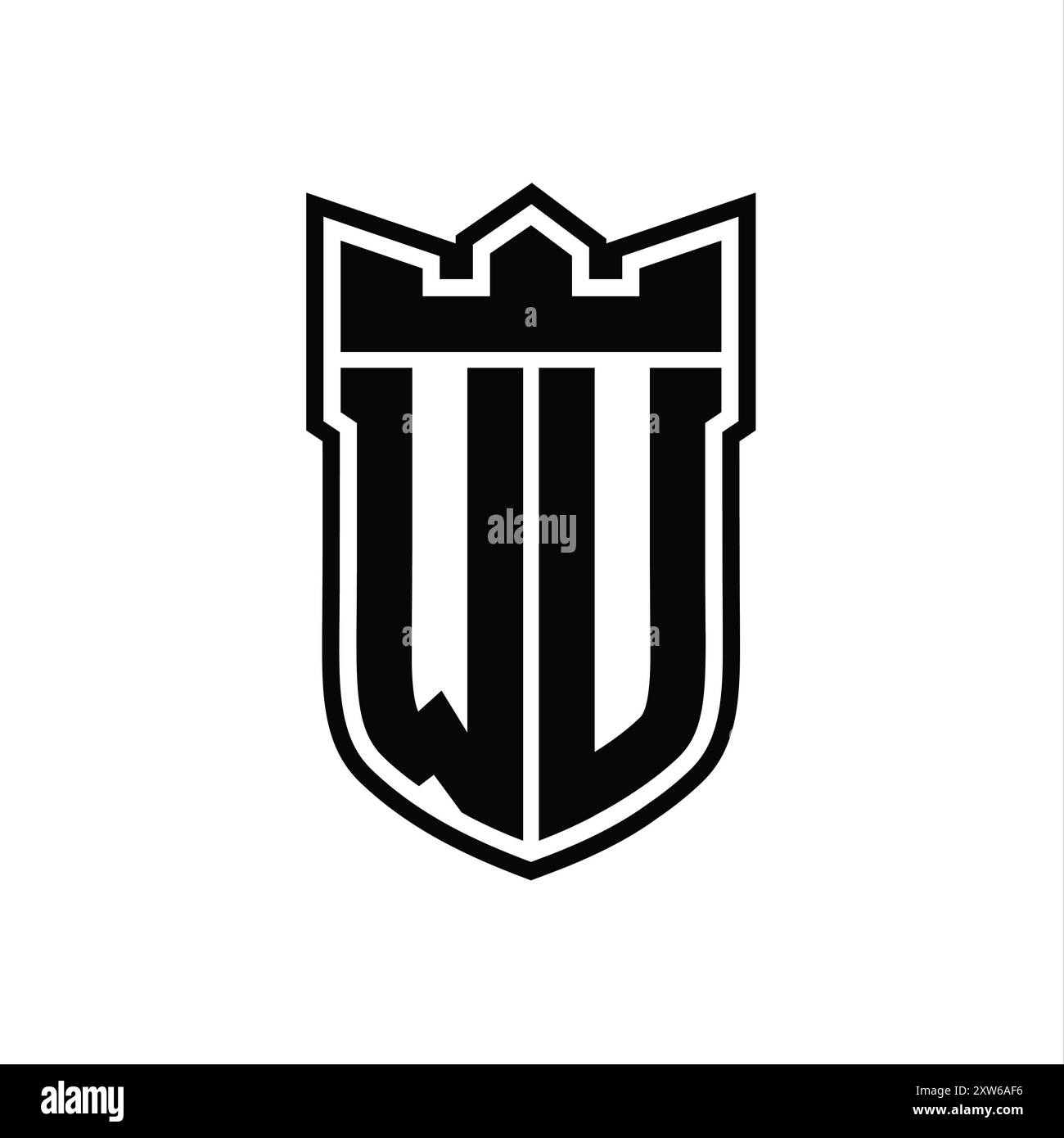 WU Letter logo with shield shape with geometric crown inside black ...
