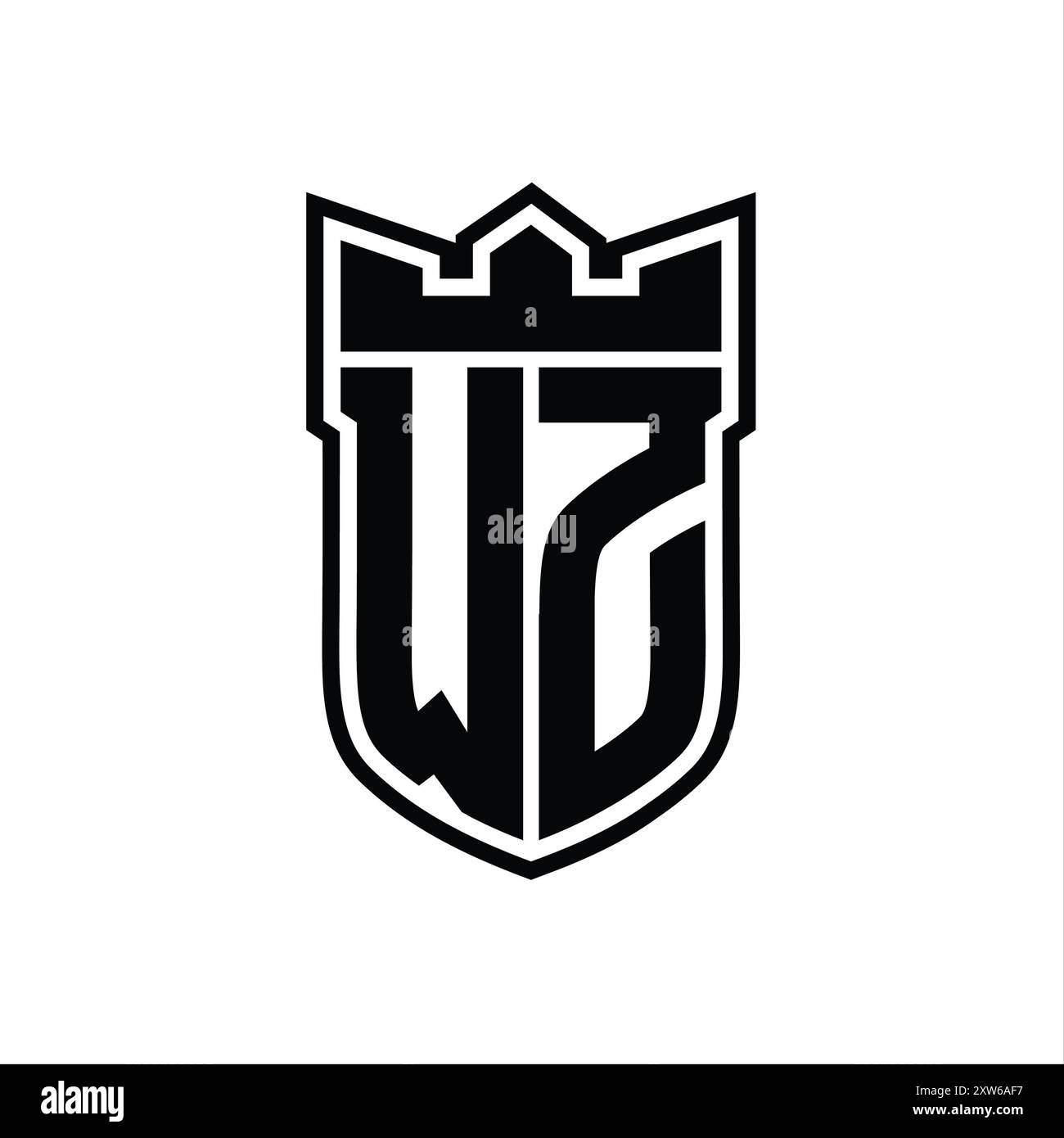 WZ Letter logo with shield shape with geometric crown inside black ...
