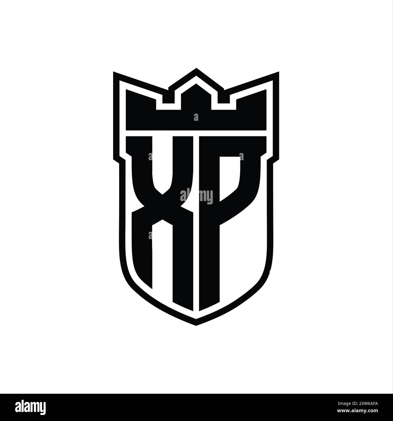XP Letter logo with shield shape with geometric crown inside black ...