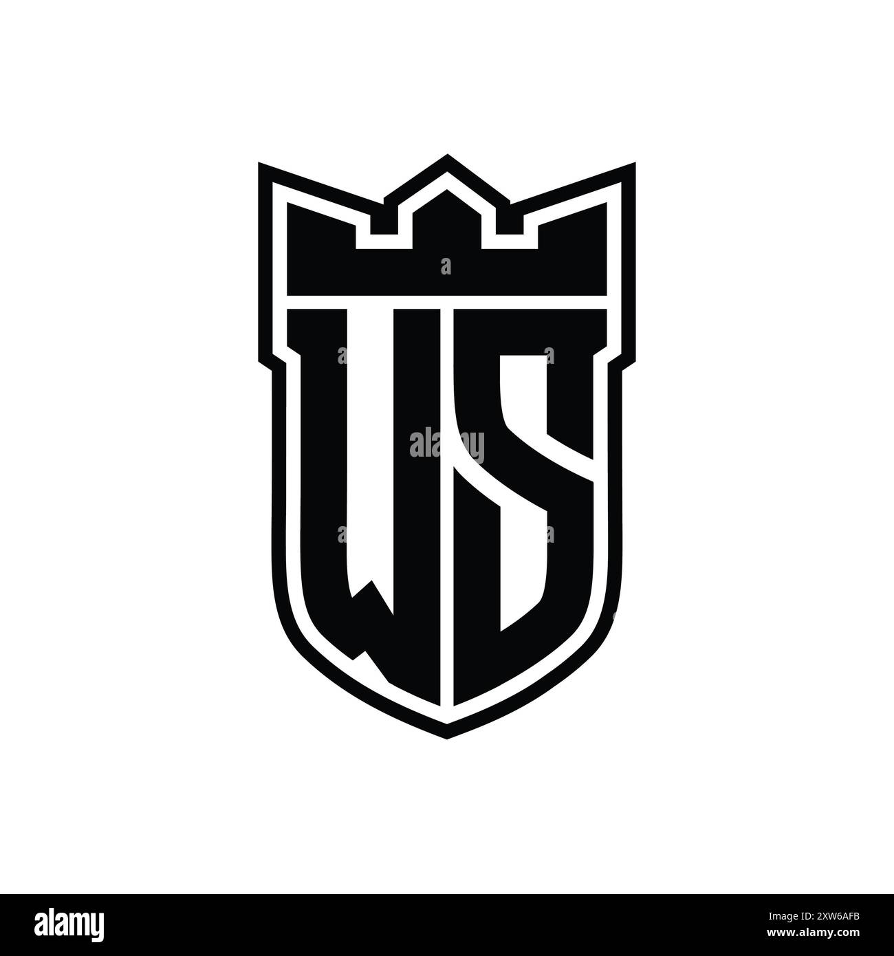 WS Letter logo with shield shape with geometric crown inside black ...