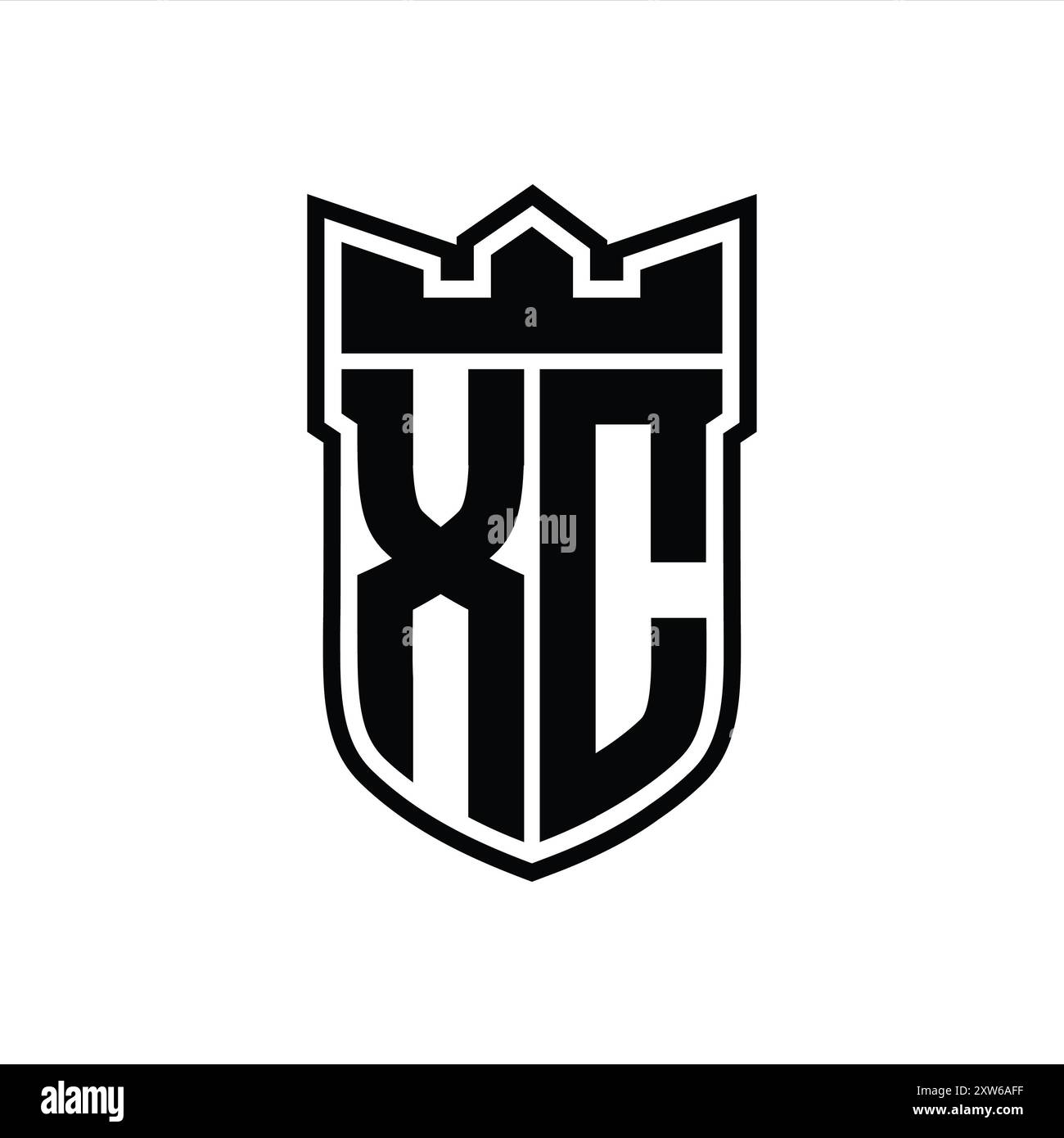 XC Letter logo with shield shape with geometric crown inside black outline on white background ...