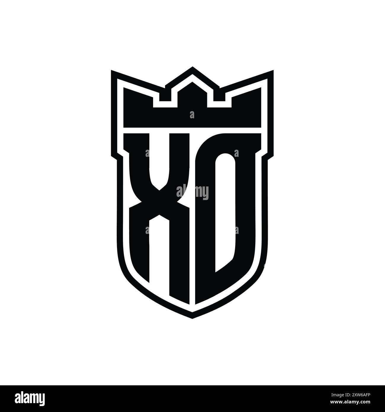 XO Letter logo with shield shape with geometric crown inside black ...