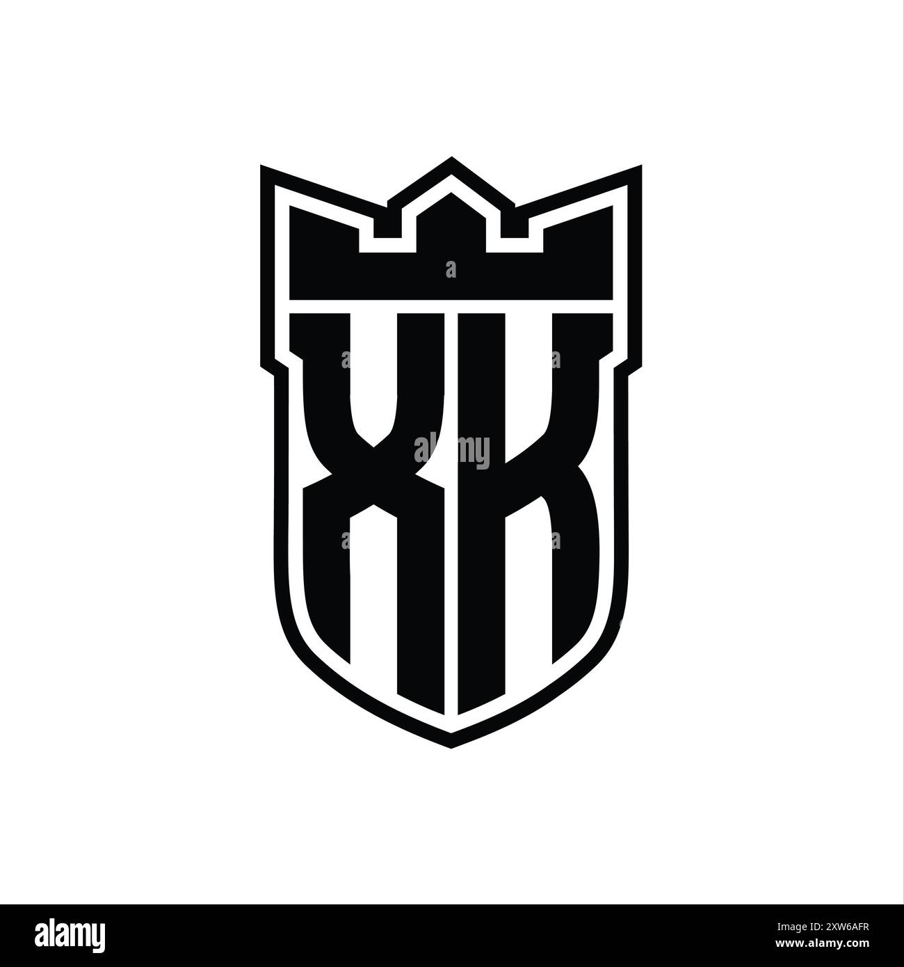 XK Letter logo with shield shape with geometric crown inside black ...
