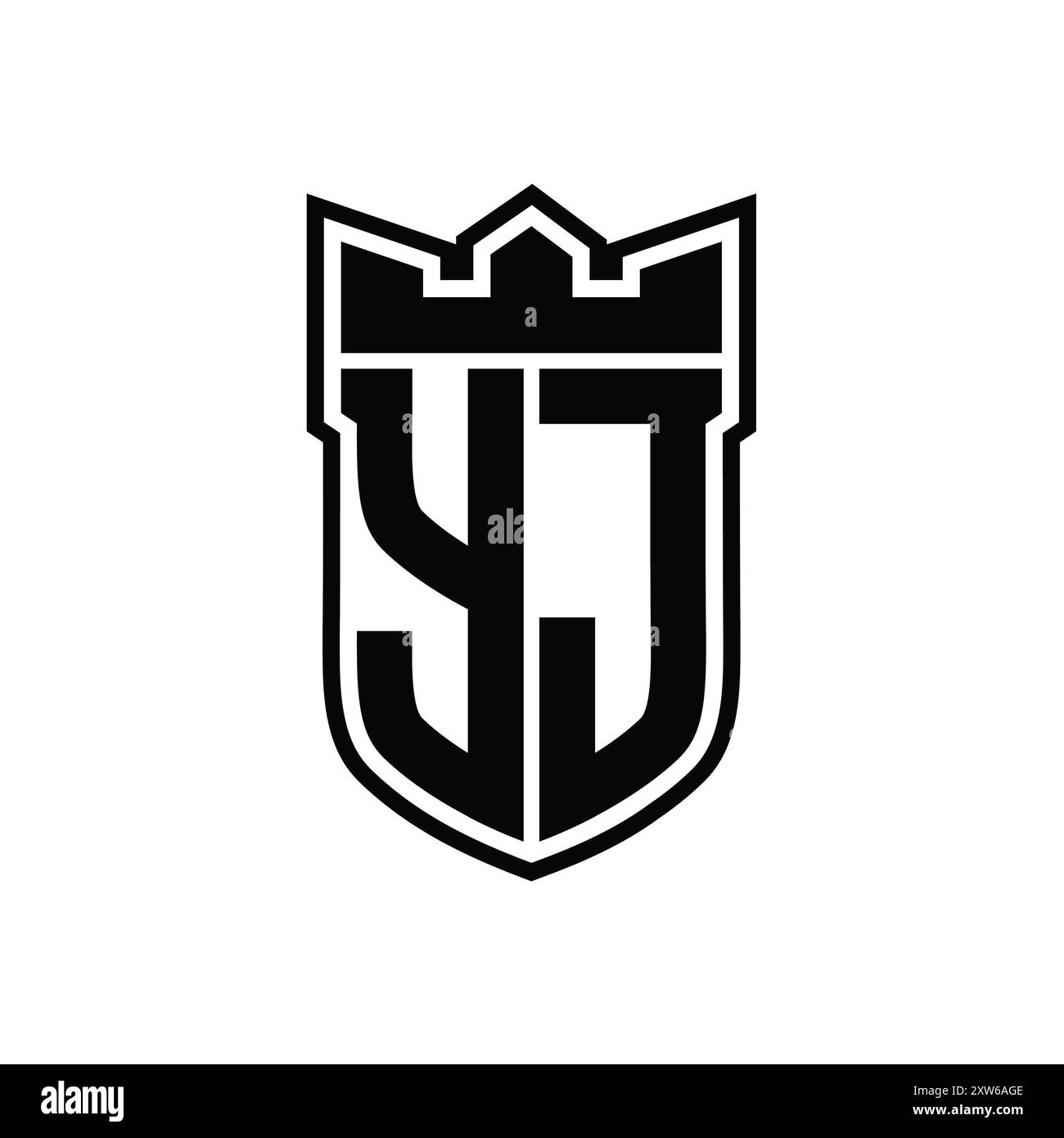 YJ Letter logo with shield shape with geometric crown inside black ...