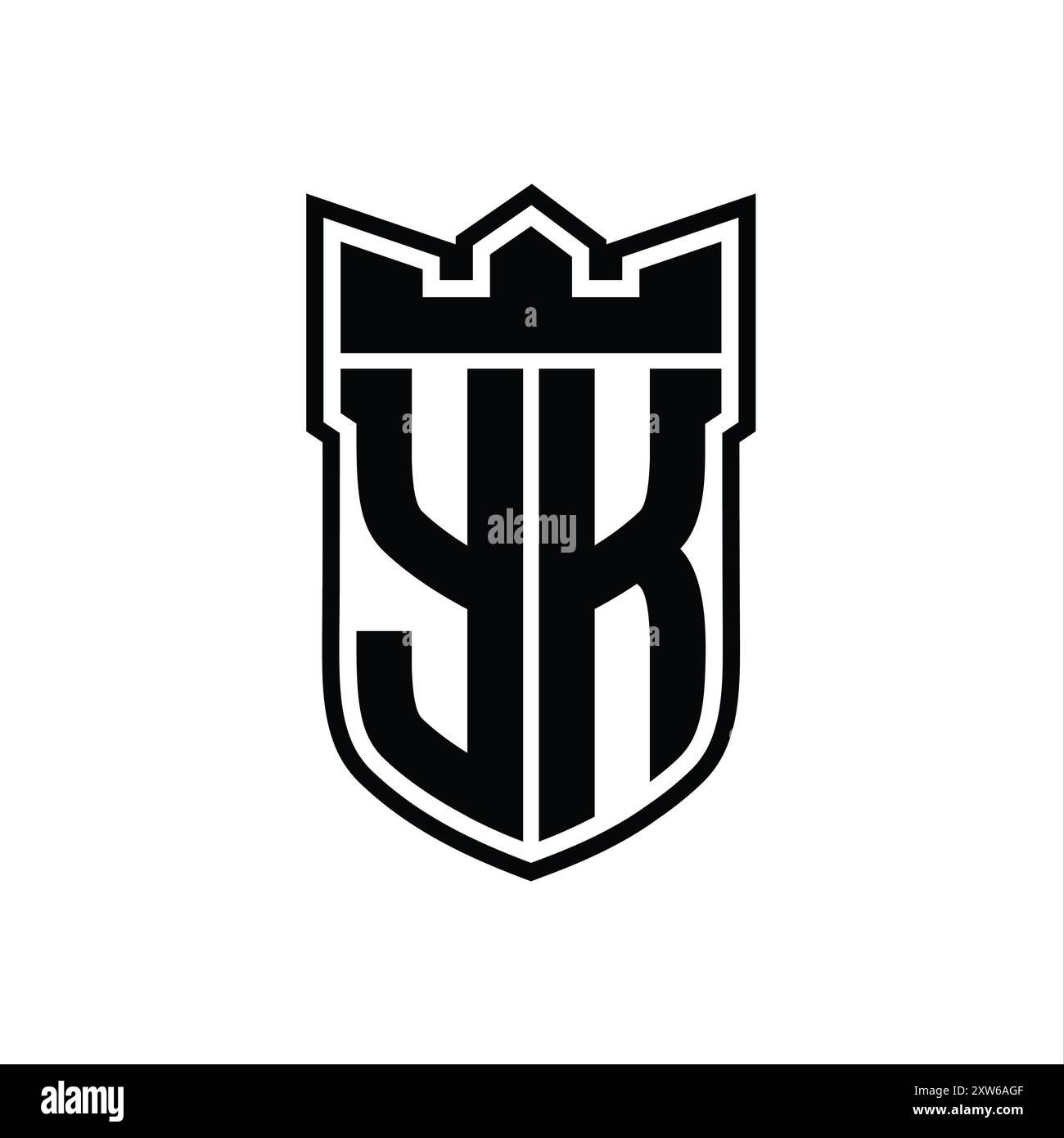 YK Letter logo with shield shape with geometric crown inside black outline on white background ...