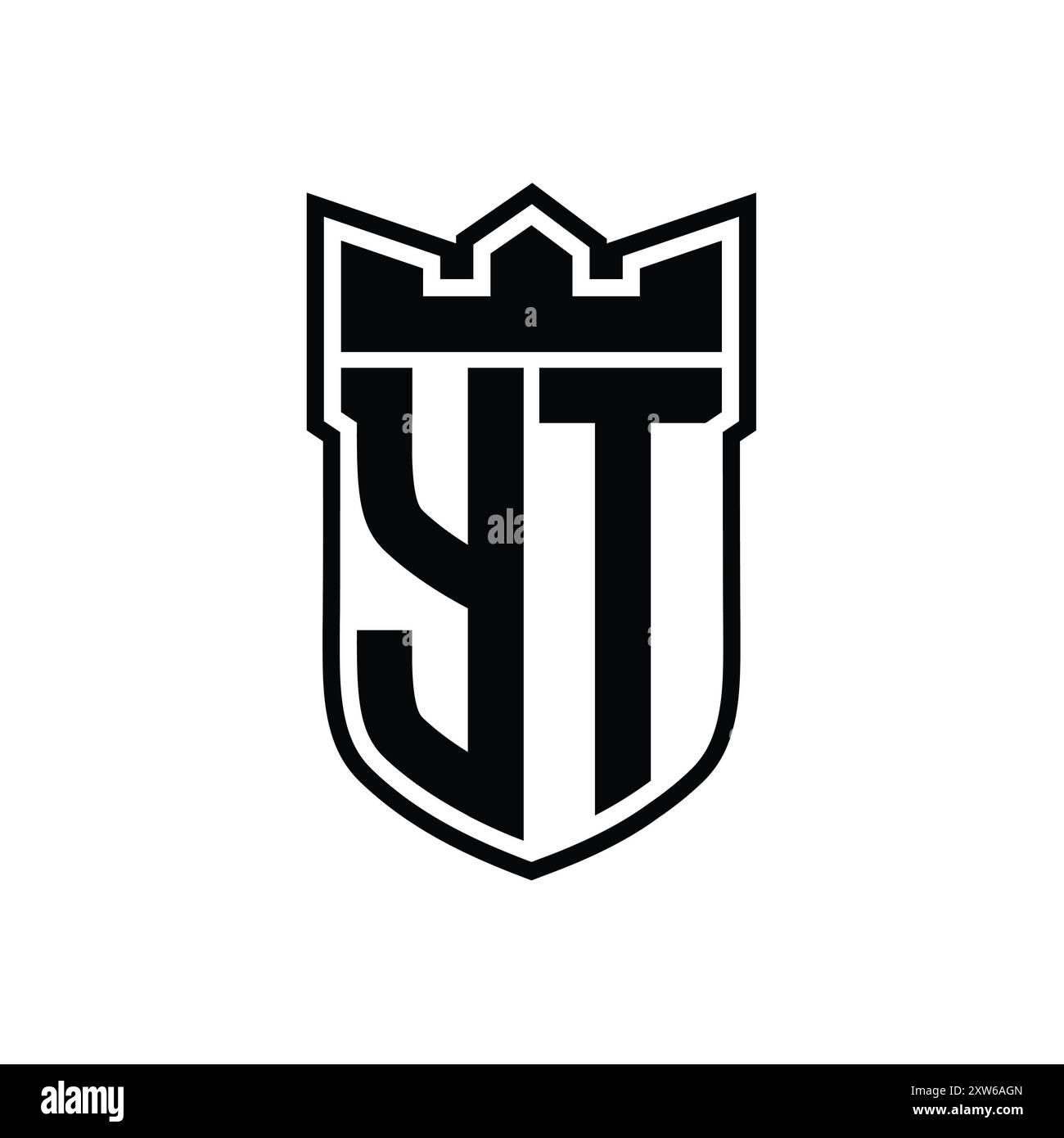 YT Letter logo with shield shape with geometric crown inside black outline on white background ...