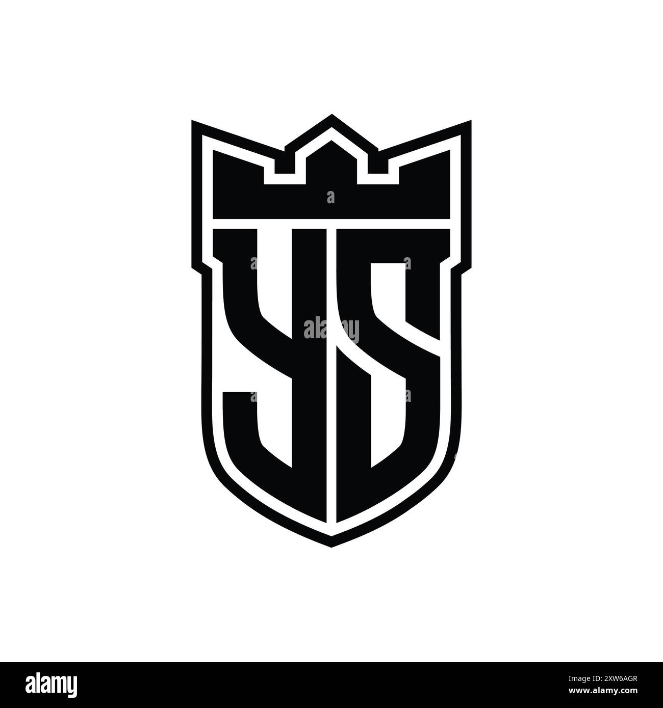 YS Letter logo with shield shape with geometric crown inside black outline on white background ...