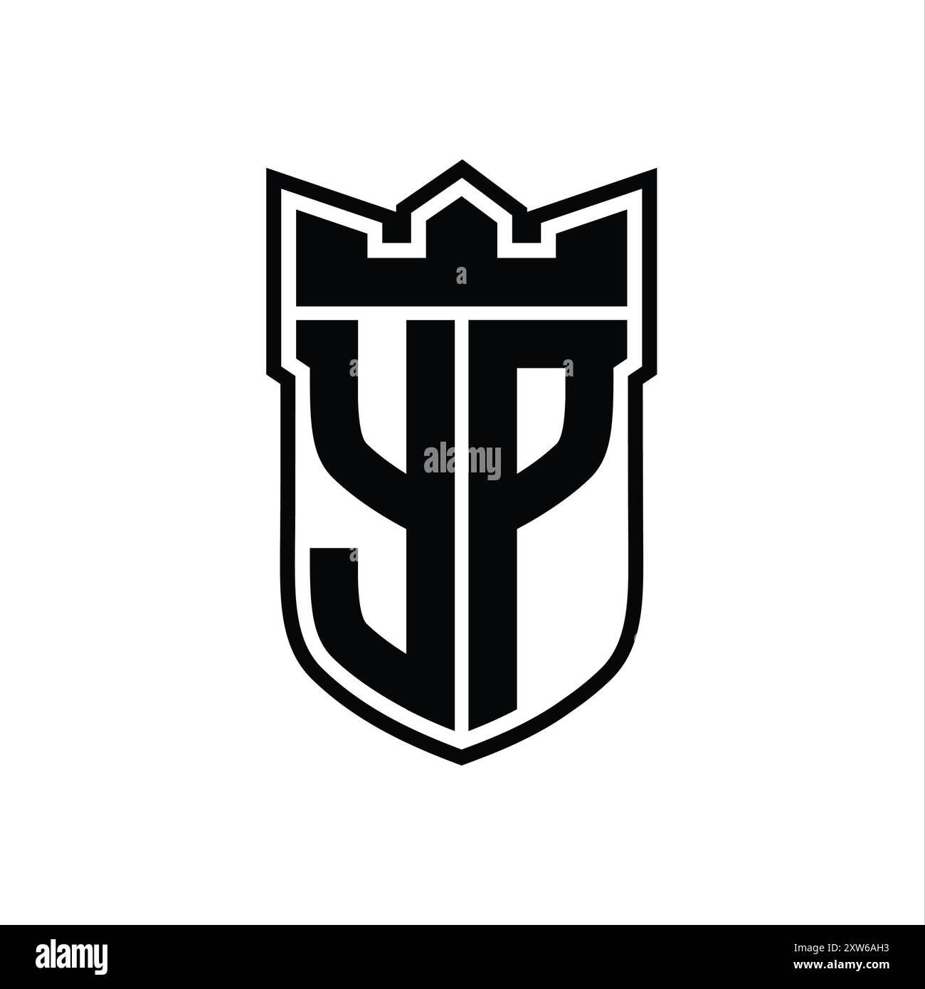 YP Letter logo with shield shape with geometric crown inside black ...
