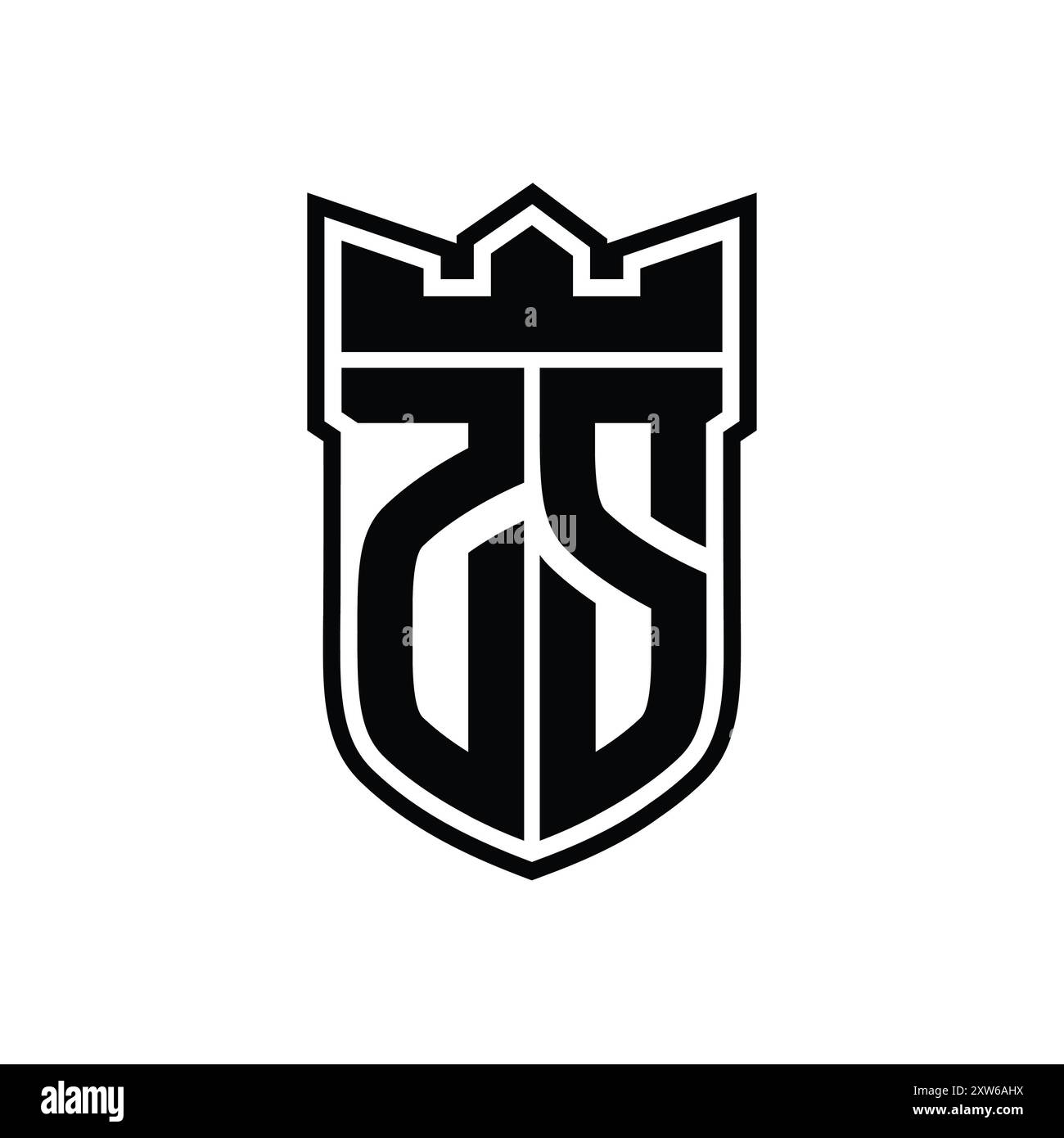 ZS Letter logo with shield shape with geometric crown inside black outline on white background ...