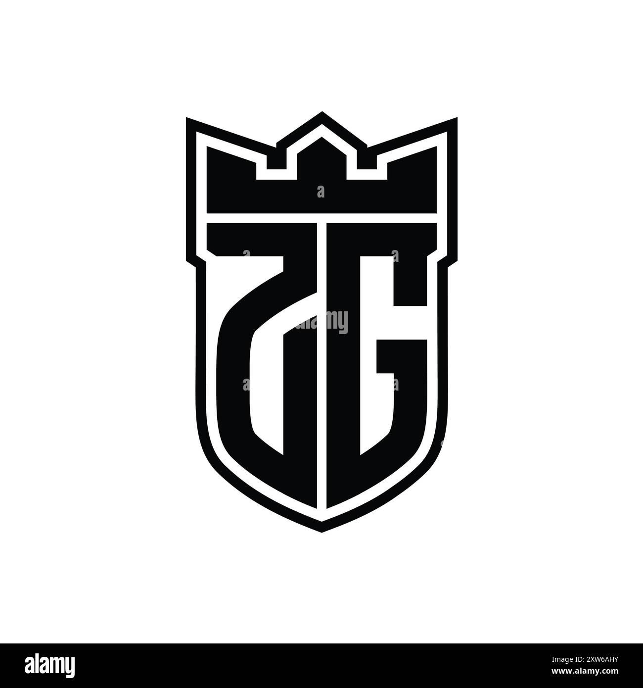 ZG Letter logo with shield shape with geometric crown inside black outline on white background ...