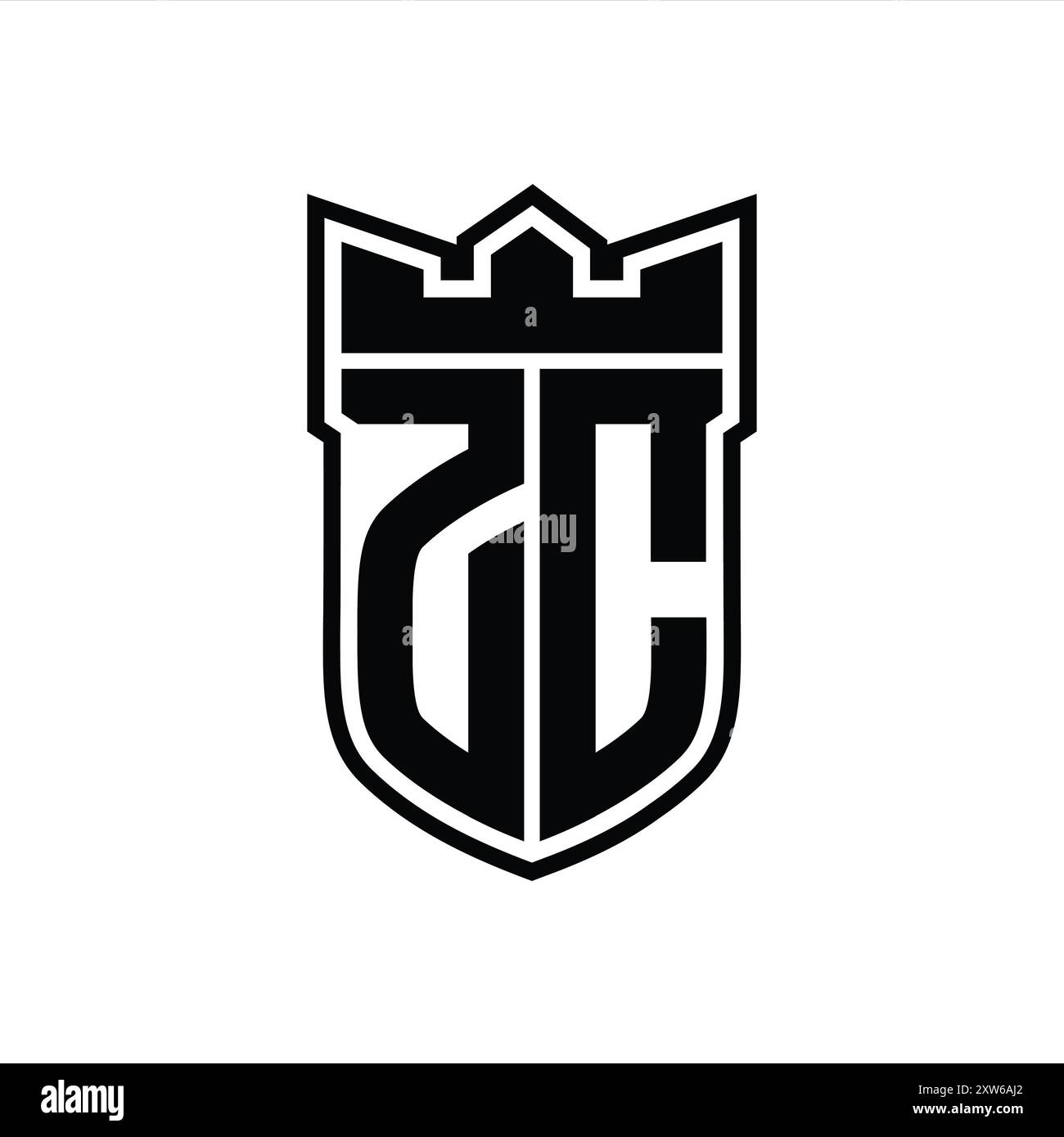 ZC Letter logo with shield shape with geometric crown inside black outline on white background ...