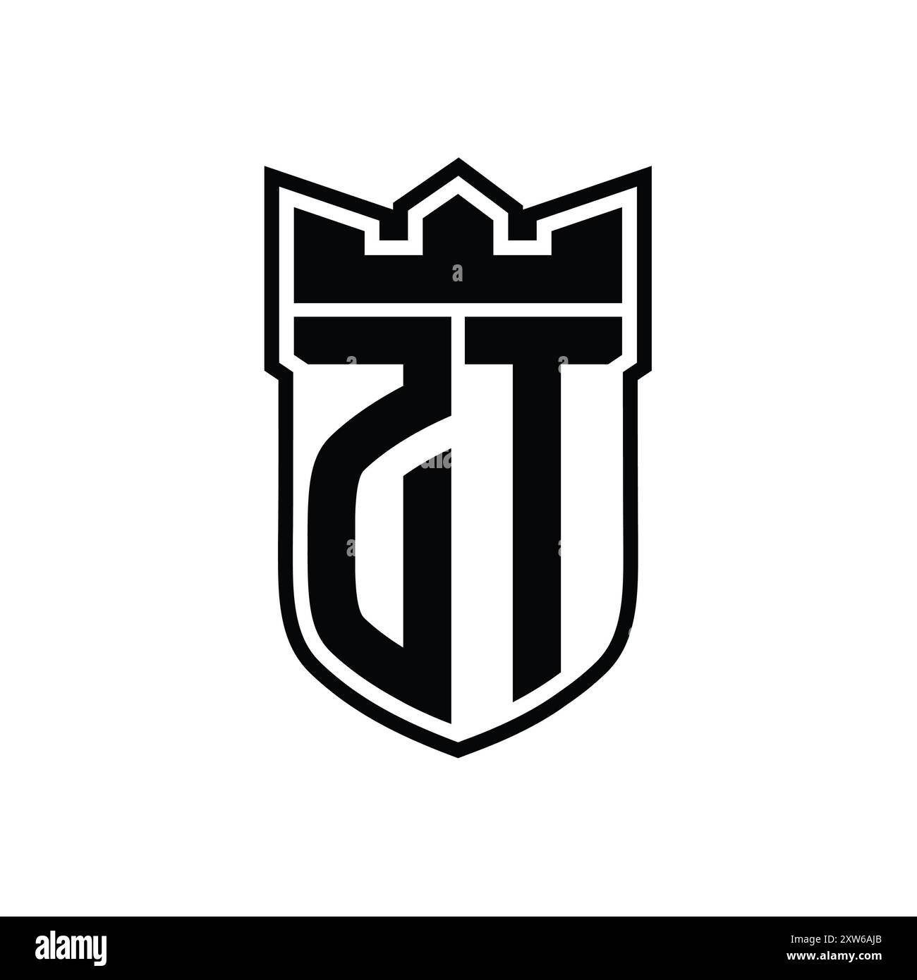 ZT Letter logo with shield shape with geometric crown inside black outline on white background ...