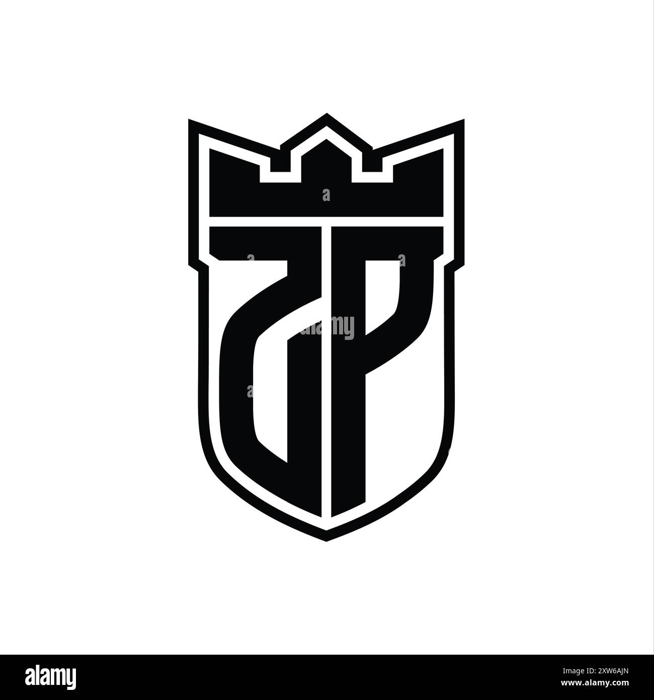 ZP Letter logo with shield shape with geometric crown inside black ...
