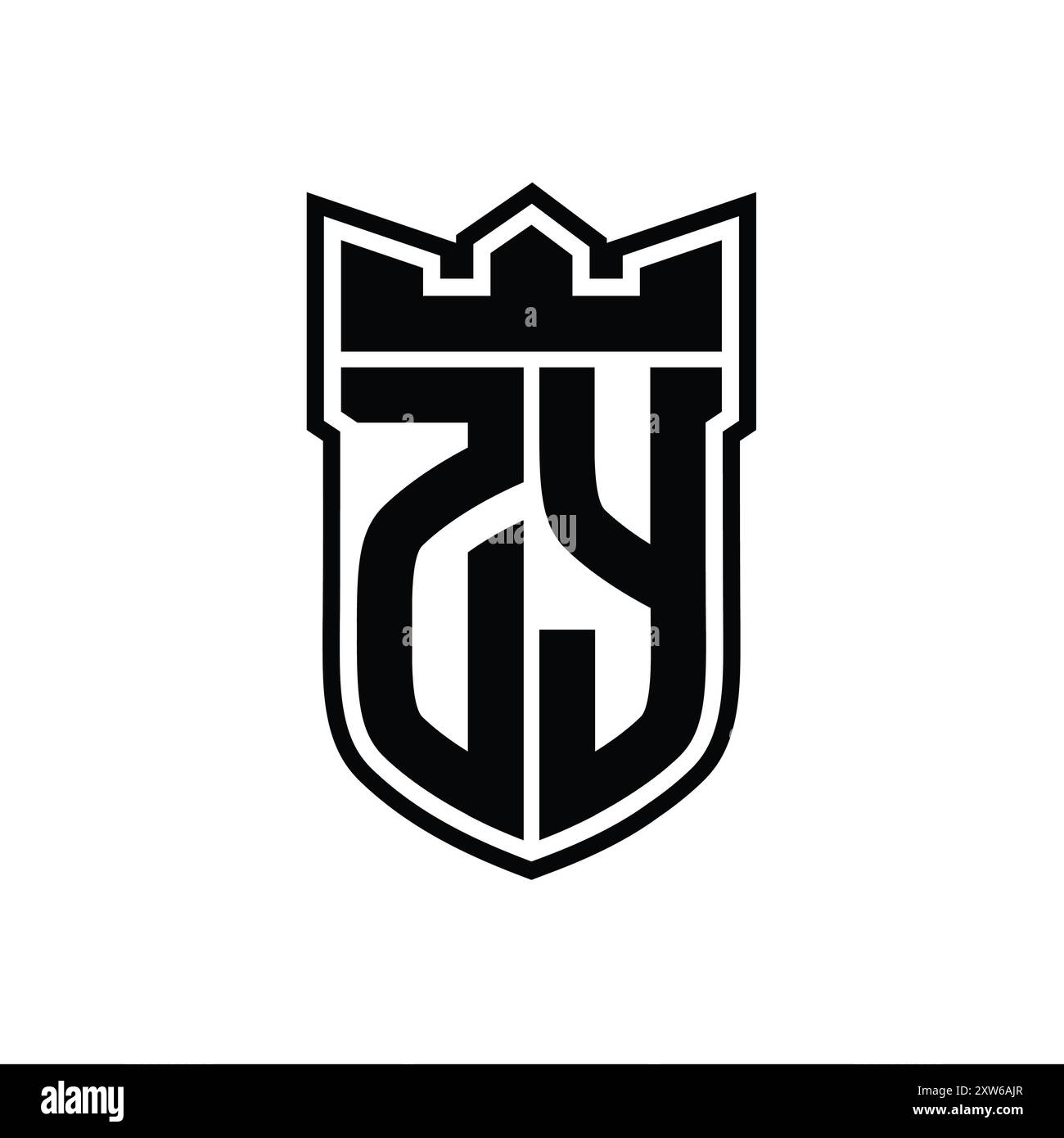 ZY Letter logo with shield shape with geometric crown inside black outline on white background ...