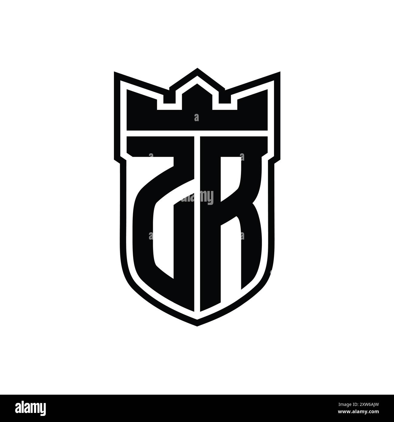 ZR Letter logo with shield shape with geometric crown inside black ...