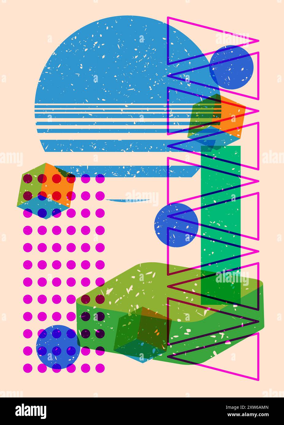 Geometric shapes. Object in trendy riso graph design. Geometry elements abstract risograph print ...