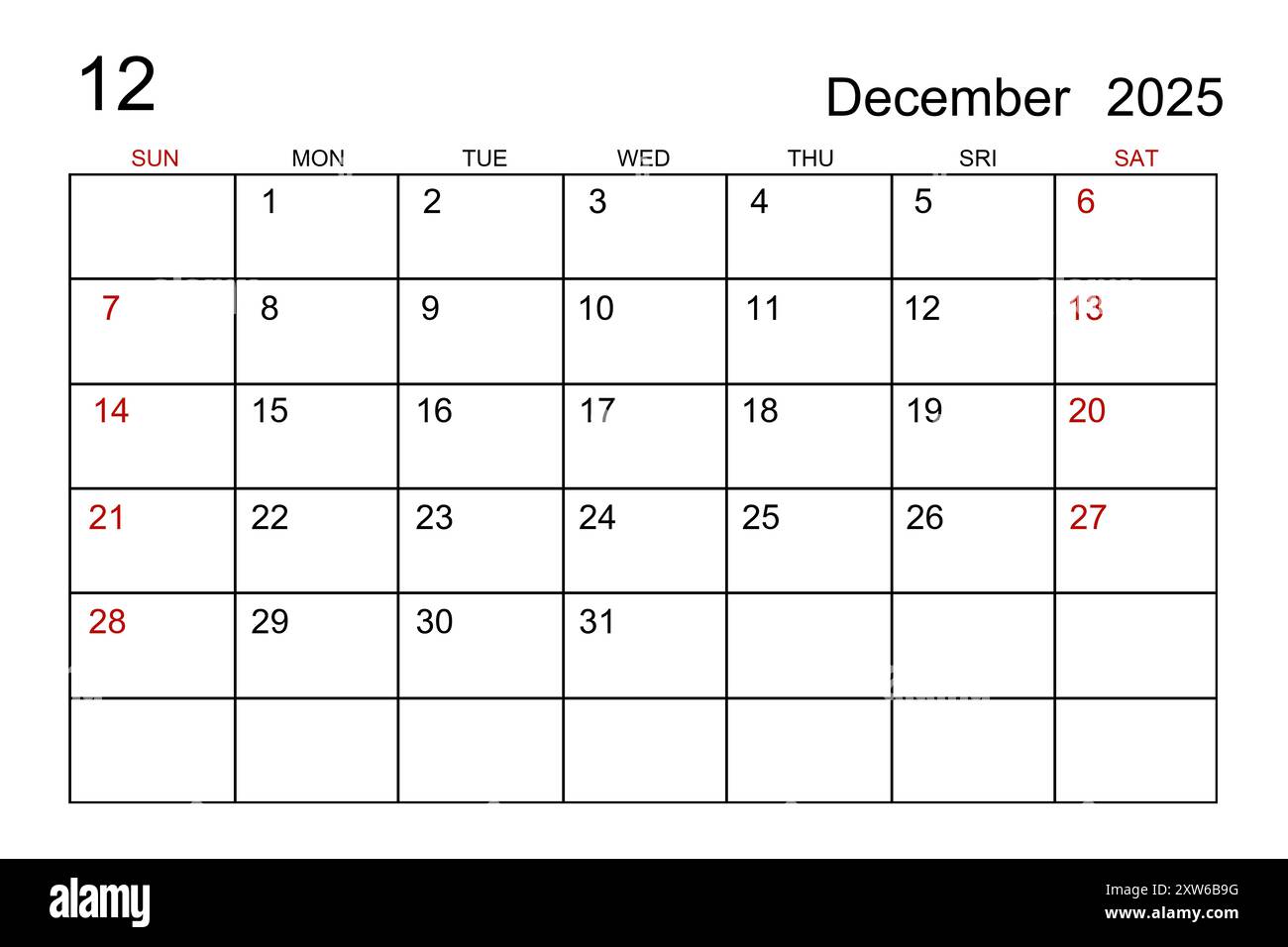 December 2025 calendar template on white paper background Stock Photo ...